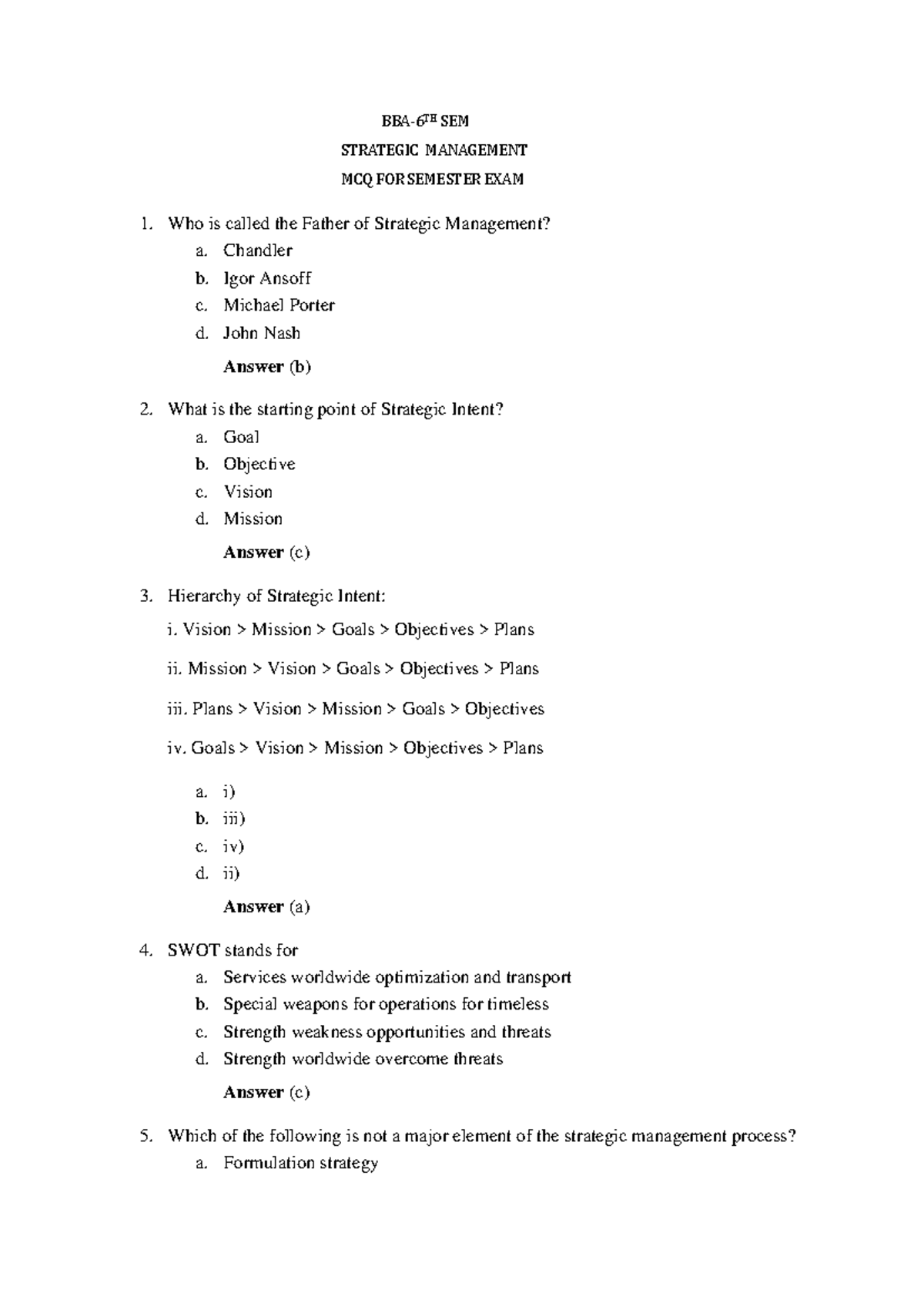 BBA-6TH SEM MCQ FOR SEM Strategic Management - BBA- 6 TH SEM STRATEGIC MANAGEMENT MCQ FOR ...