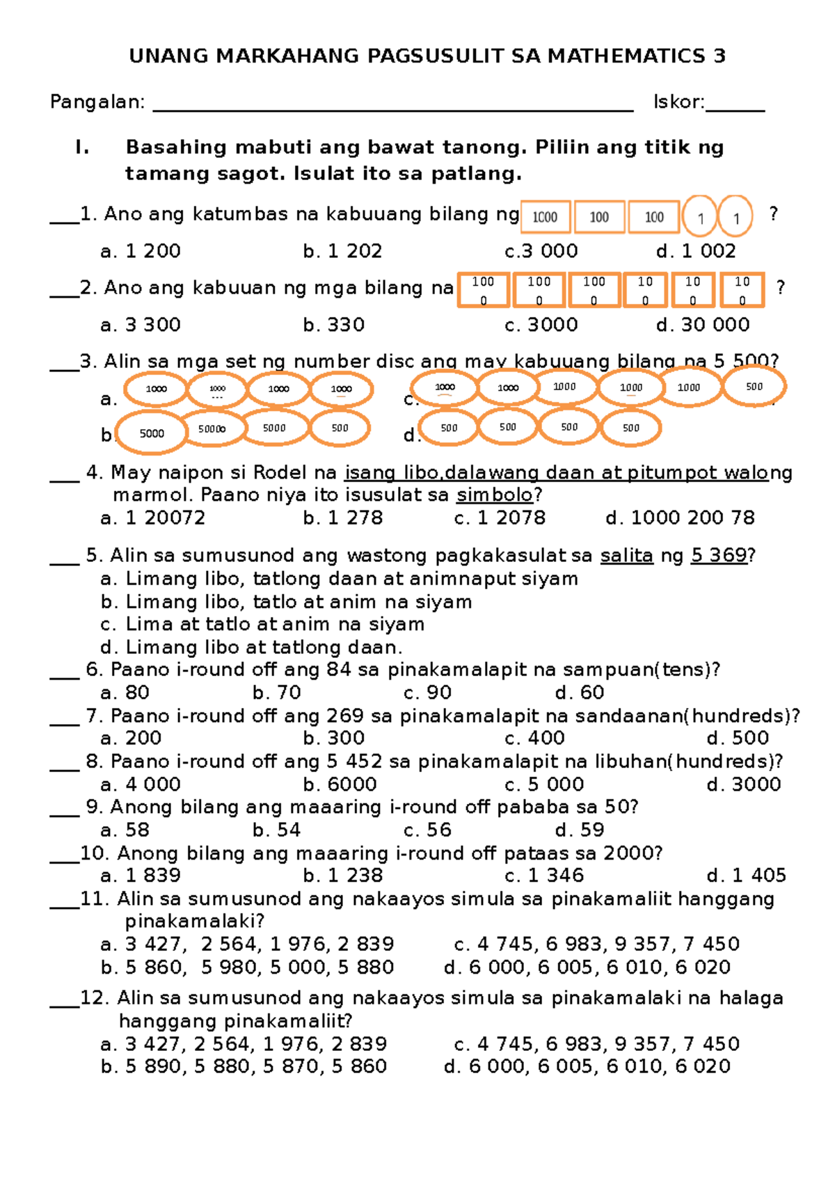 1ST MATH Quarterly Examination UNANG MARKAHANG PAGSUSULIT SA