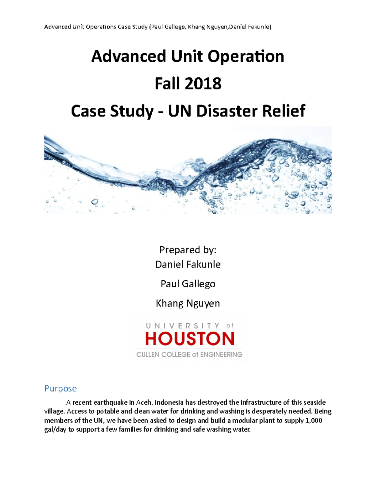 Case study Report -Final - Advanced Unit Operation Fall 2018 Case Study ...