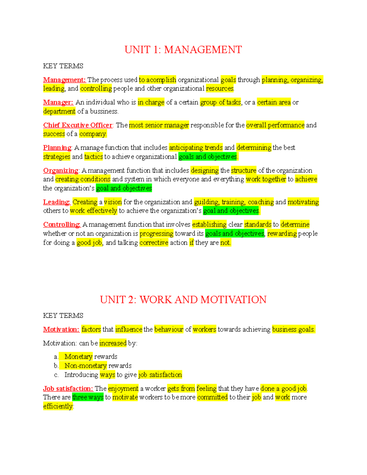 UNIT 1 - complete keyterms - UNIT 1: MANAGEMENT KEY TERMS Management ...