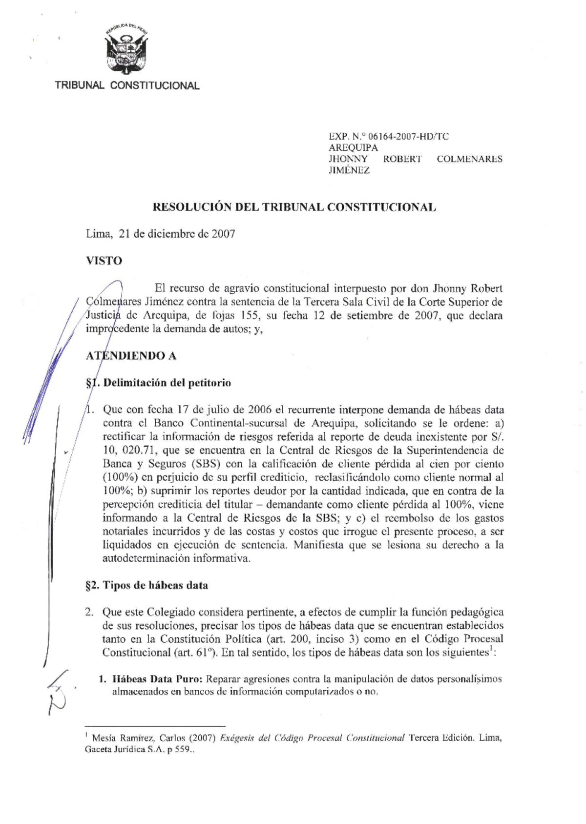 Lectura 12 Julio - Nota: 4 - EXP. N. 0 06164-2007-HD/TC AREQUIPA JHONNY ...