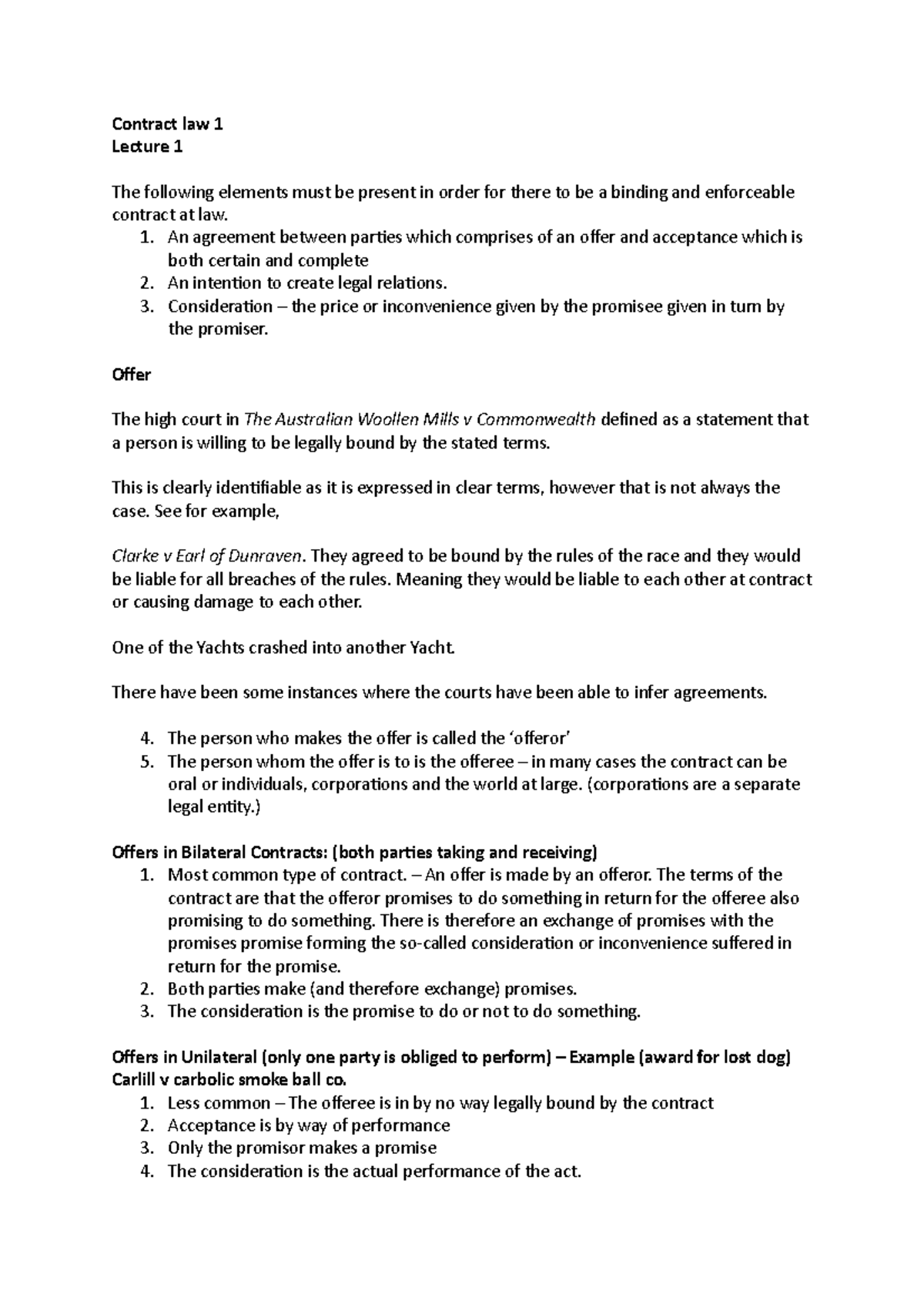 Offer - Week 1 Lecture Contracts 1 - Contract law 1 Lecture 1 The following elements must be ...