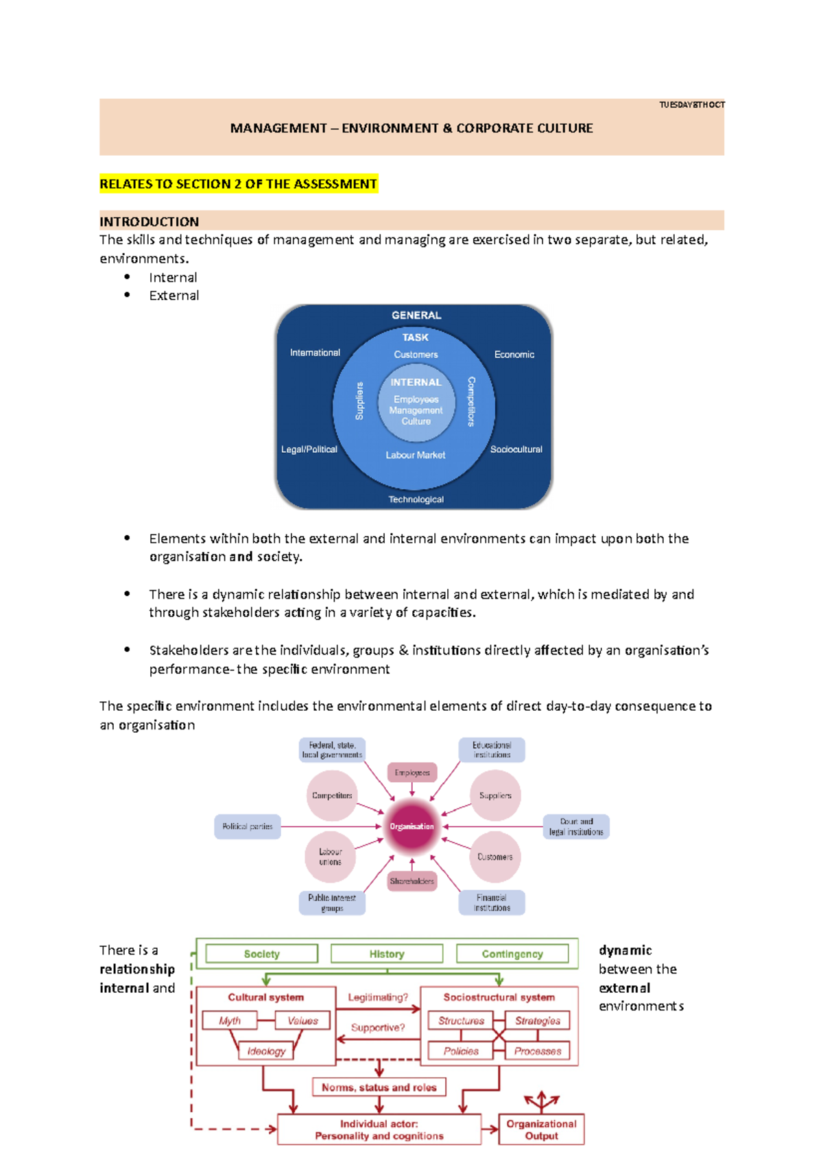 Week 11 - Environment & Corporate Culture - TUESDAY 8TH OCT MANAGEMENT ...