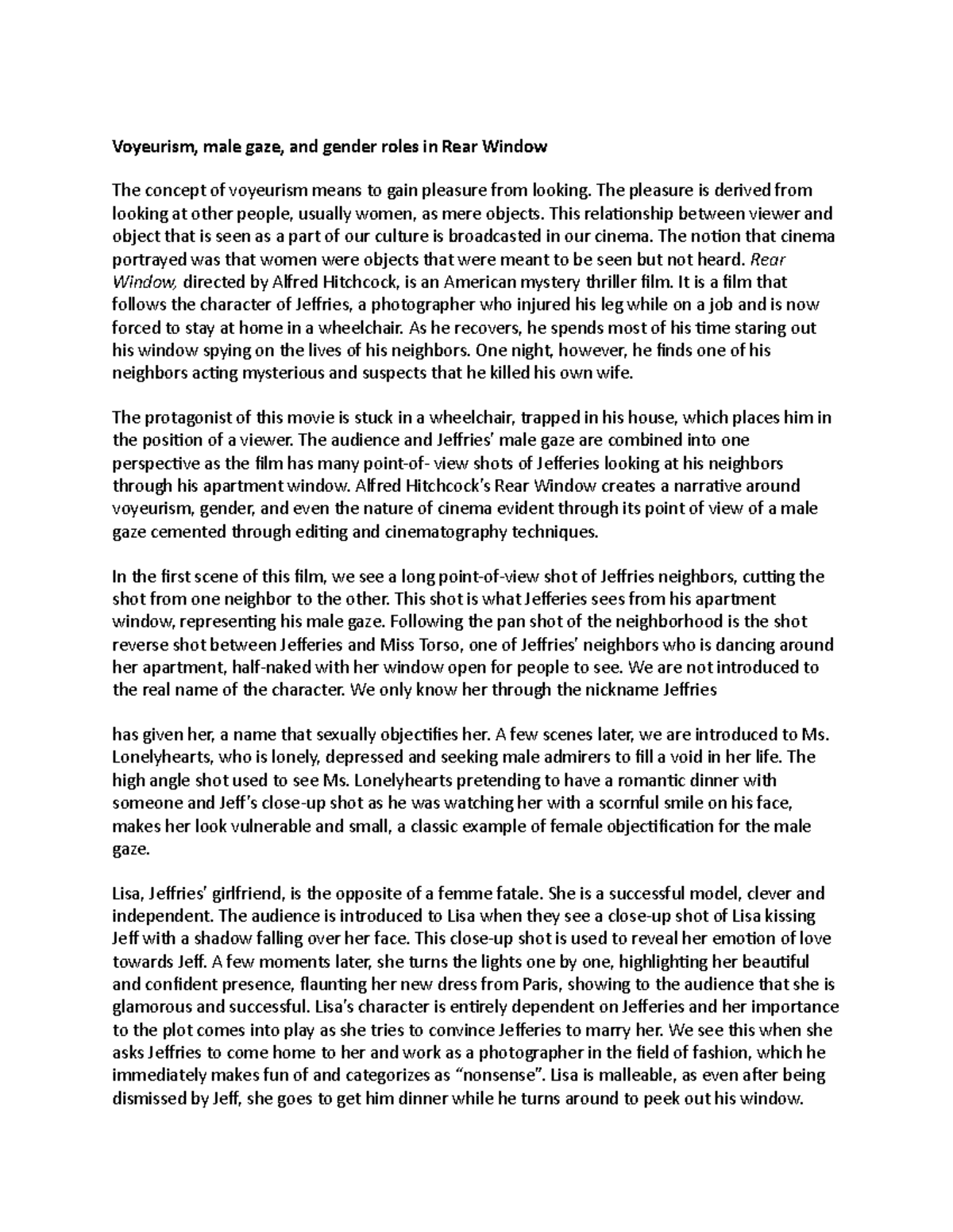 Rear Window Textual Analysis word - Voyeurism, male gaze, and gender ...
