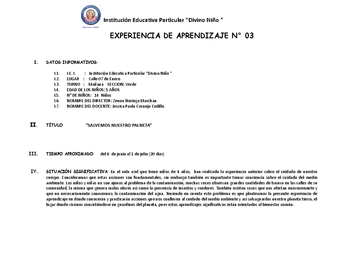 Experiencia DE Aprendizaje N°3 2022 - EXPERIENCIA DE APRENDIZAJE N° 03 I. DATOS INFORMATIVOS: I ...