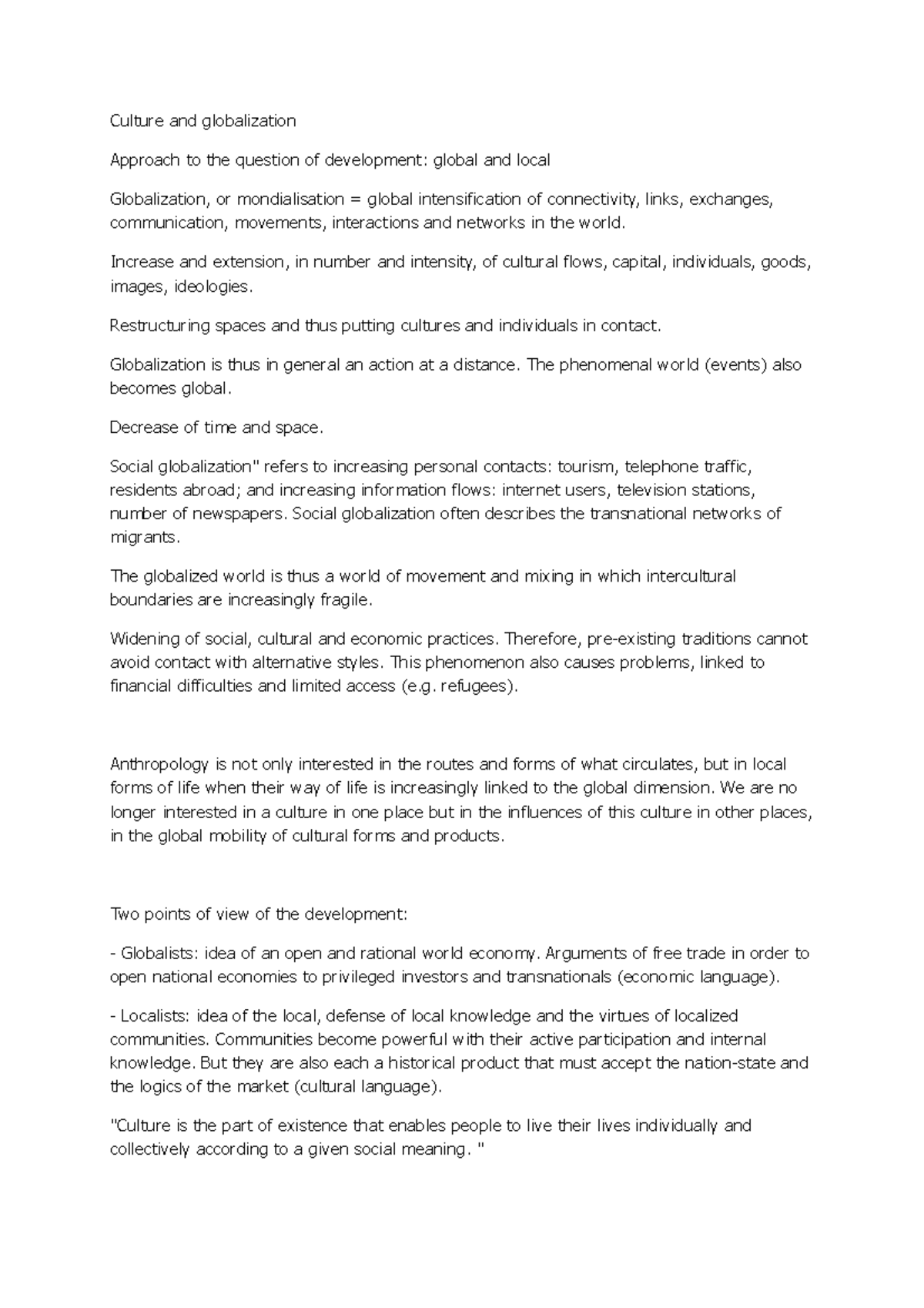 Culture and globalization - Culture and globalization Approach to the ...