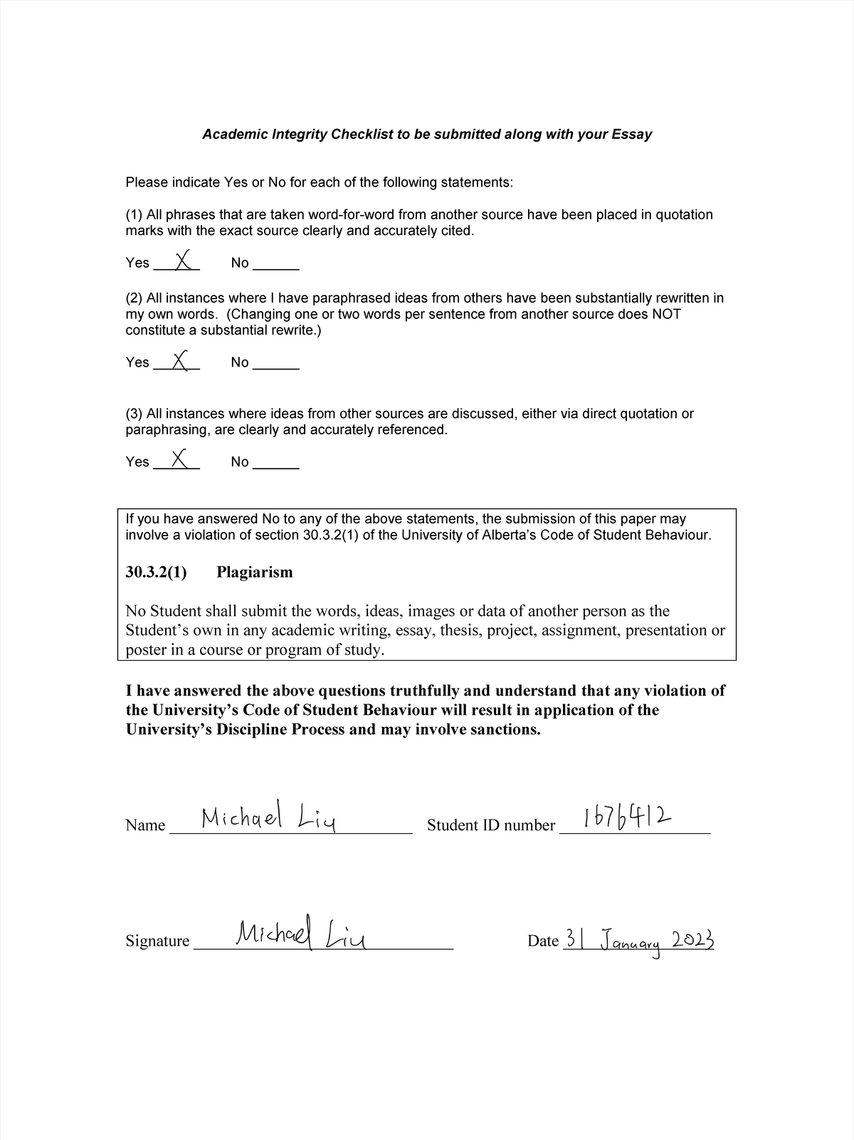 Academic Integrity Checklist with Margin Notes - Academic Integrity ...