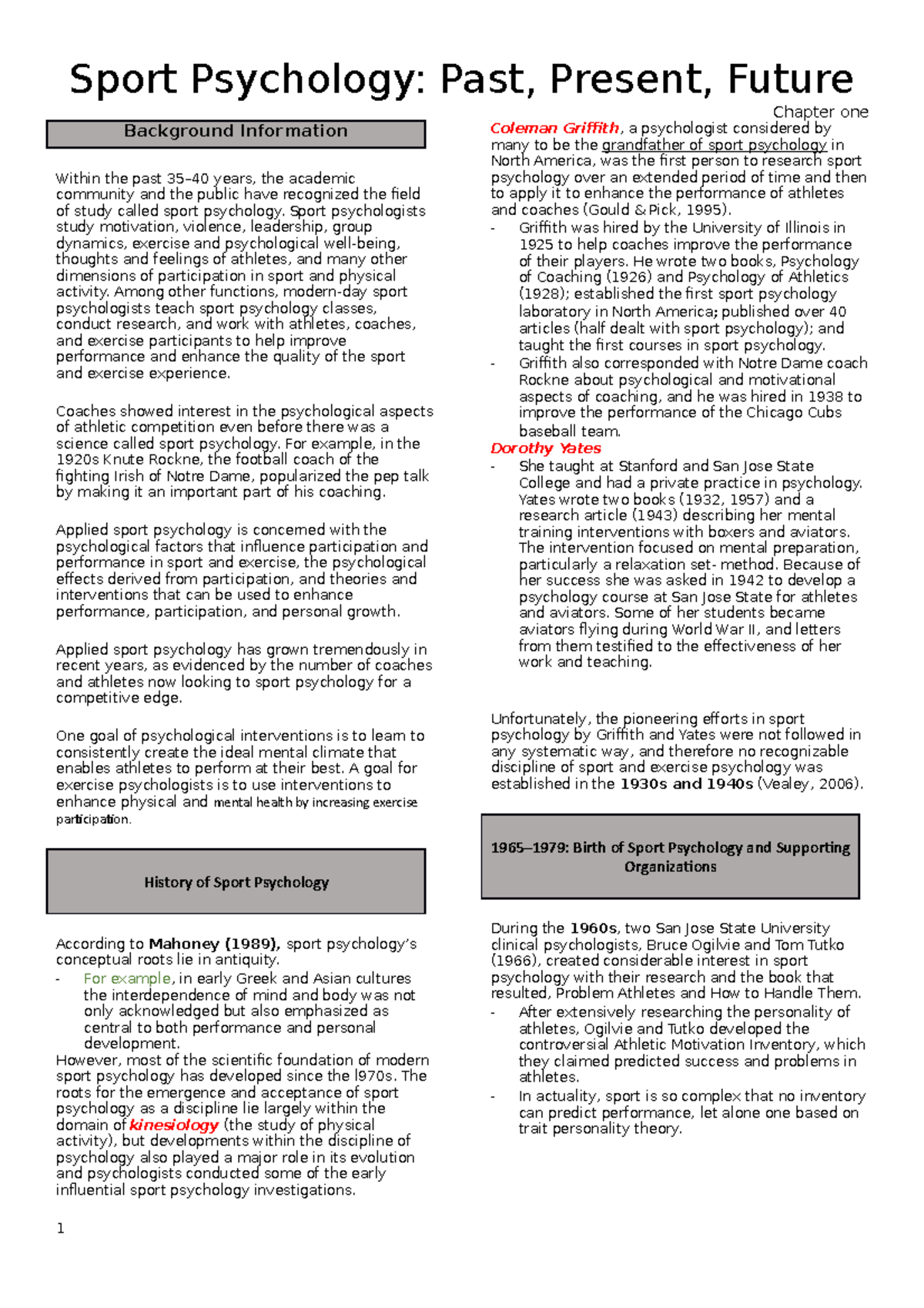 Sport Psychology Notes - based on textbook - Sport Psychology: Past ...