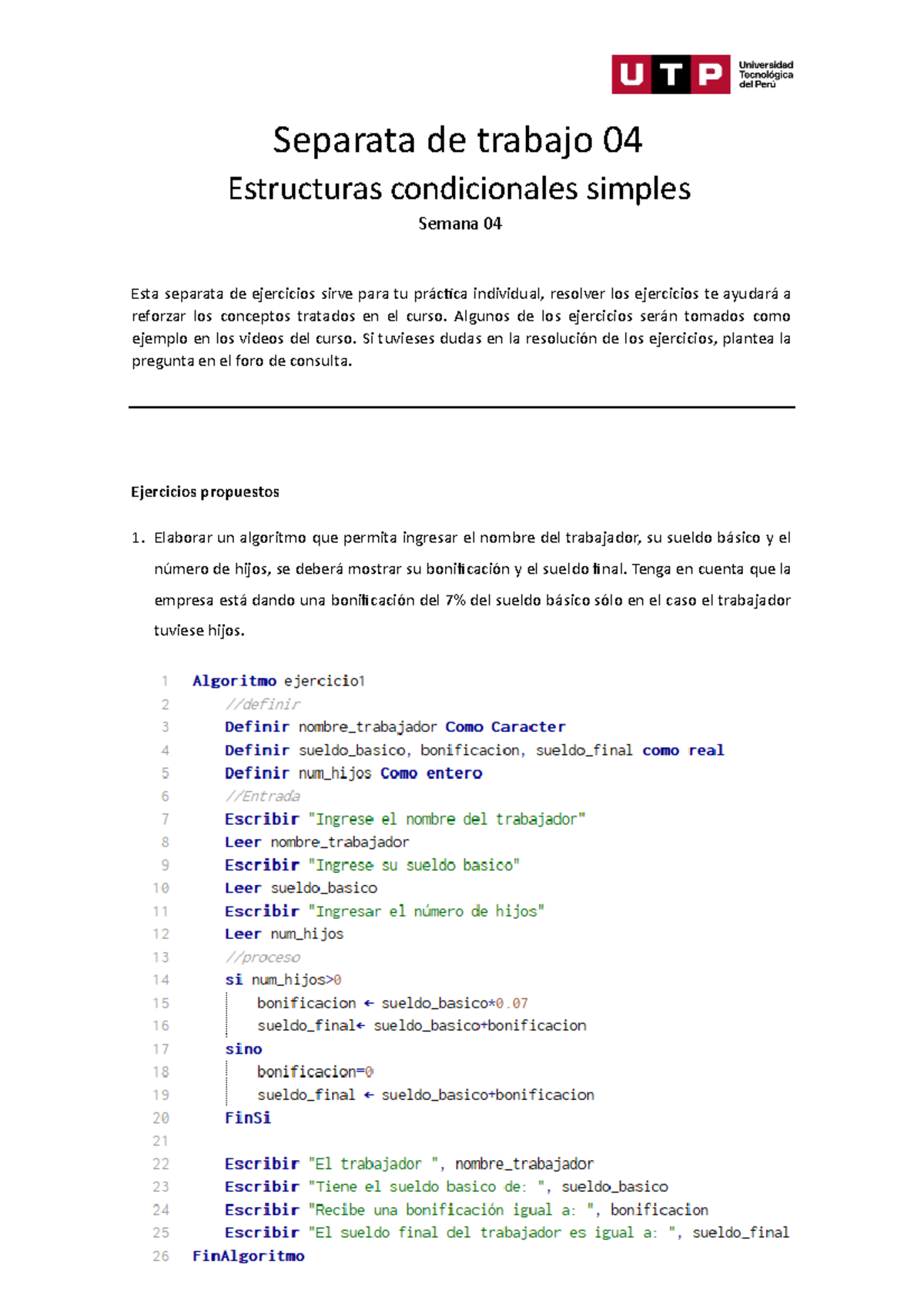 Separata 04 - Estructuras condicionales simples - Separata de trabajo 04 Estructuras ...
