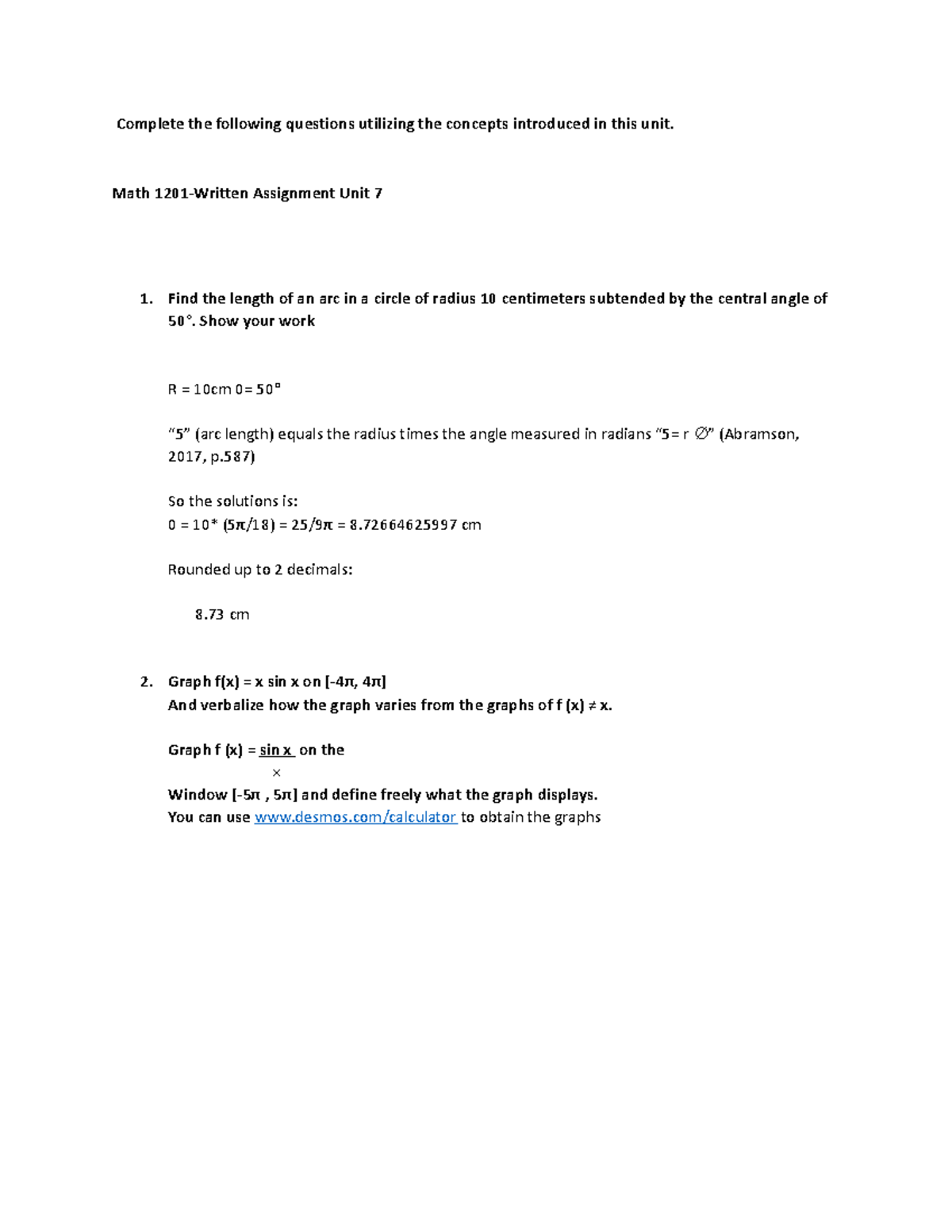 Written Assignment Unit 7 College Algebra - Complete the following ...