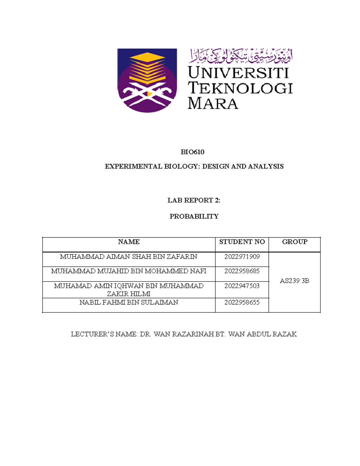 BIO610 lab exp 2 - lab report exp 2 - BIO EXPERIMENTAL BIOLOGY: DESIGN ... BIO610 lab exp 2 - lab report exp 2 - BIO EXPERIMENTAL BIOLOGY: DESIGN ...