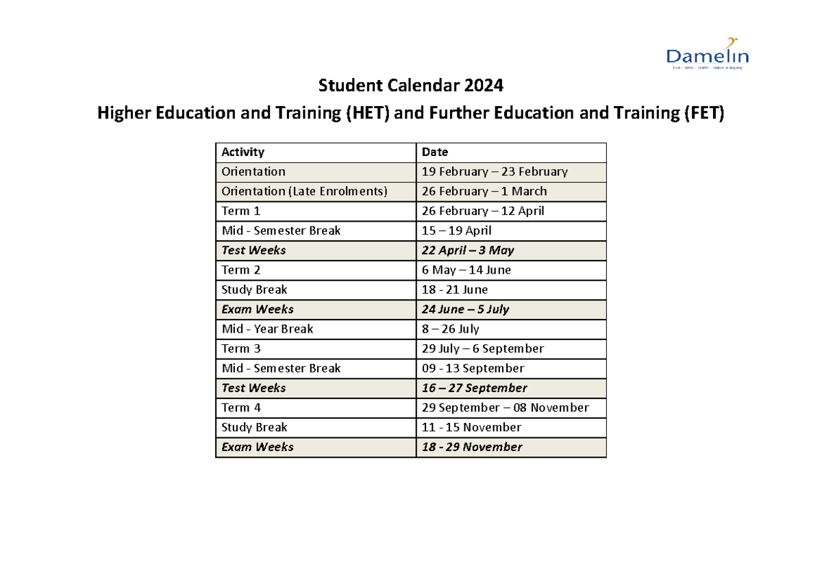 HET AND FET Student Calendar 2024 - Student Calendar 2024 Higher ...