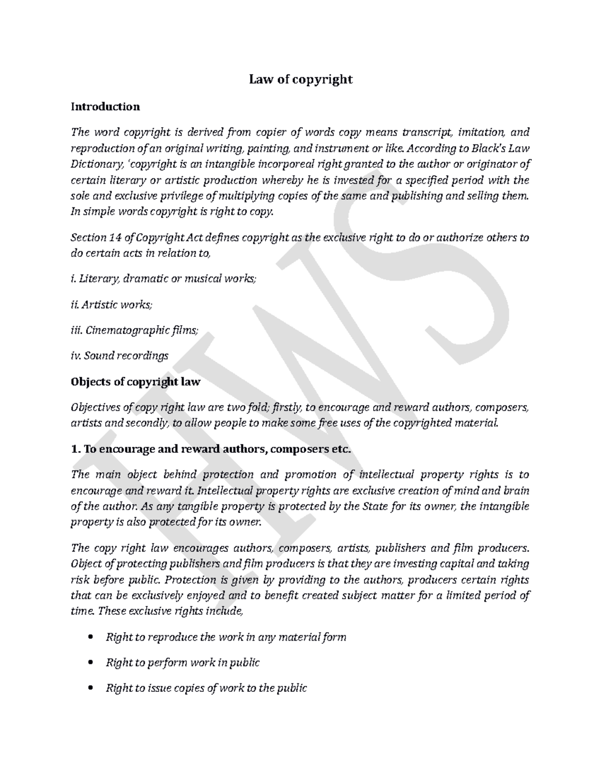 Law of copyrigh - Notes - Law of copyright Introduction The word ...