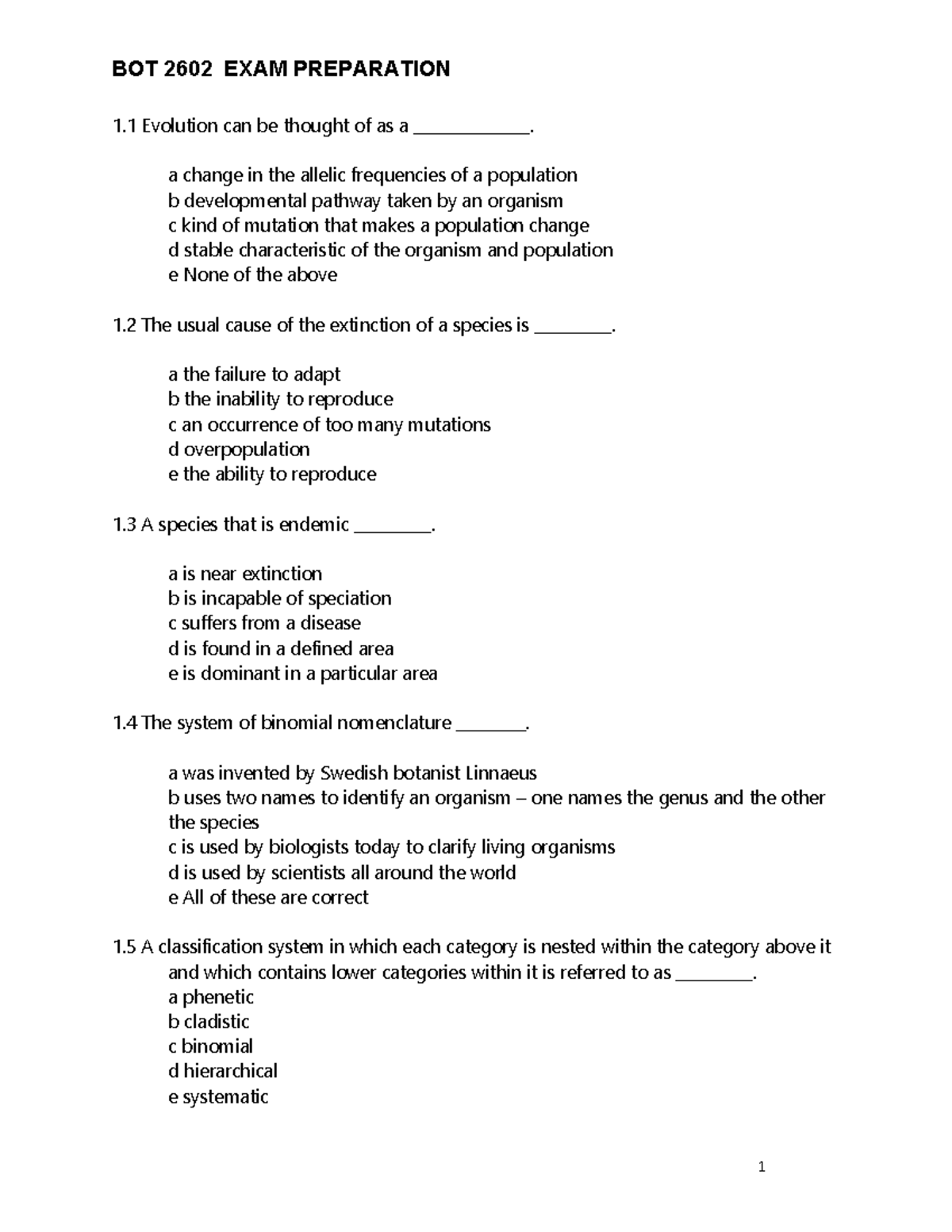 BOT 2602 EXAM Preparation - 1 Evolution can be thought of as a ...