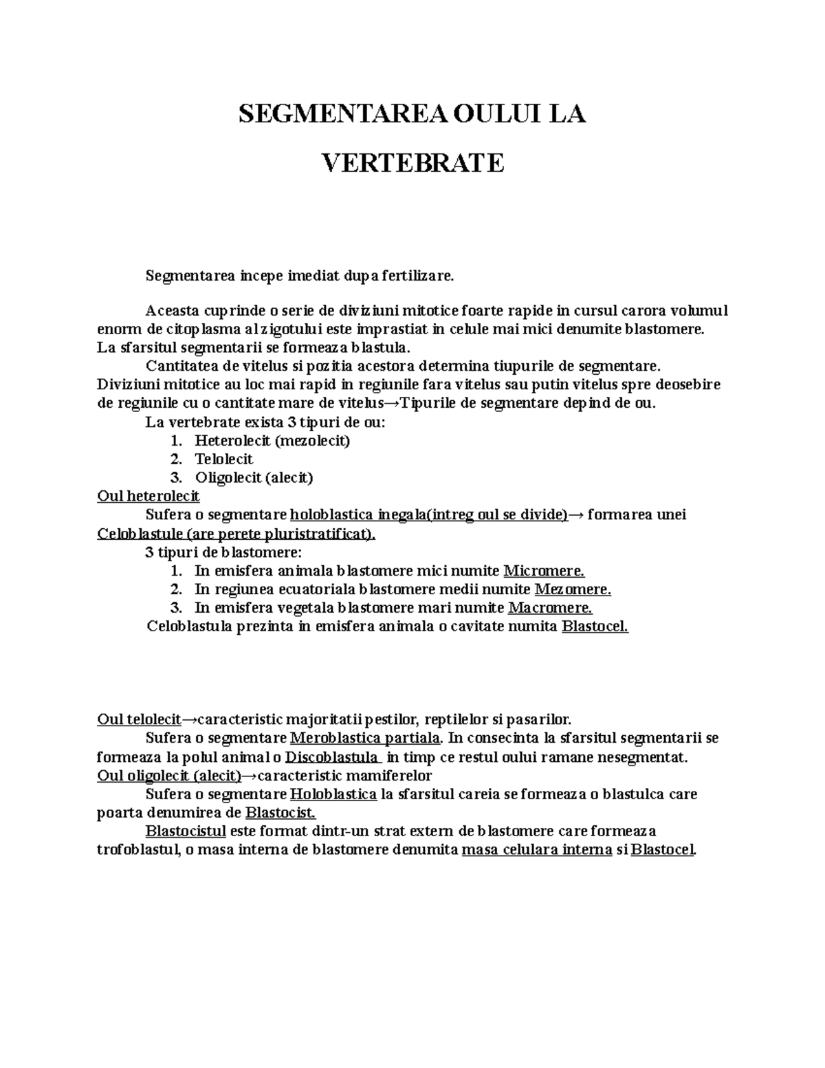 1 Segmentarea Oului LA Vertebrate - SEGMENTAREA OULUI LA VERTEBRATE ...