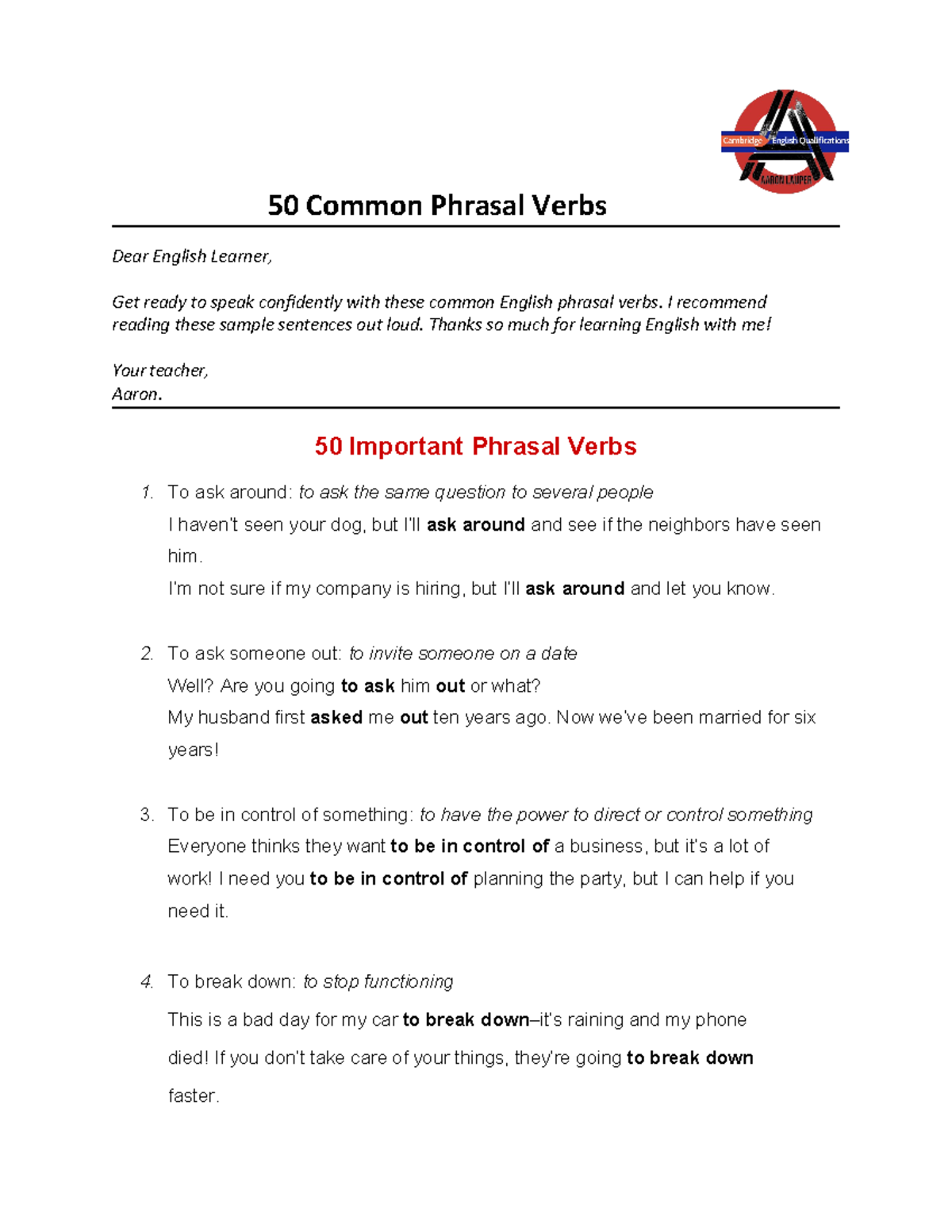 50 Phrasal Verbs - Apuntes de clase - 50 Common Phrasal Verbs Dear ...