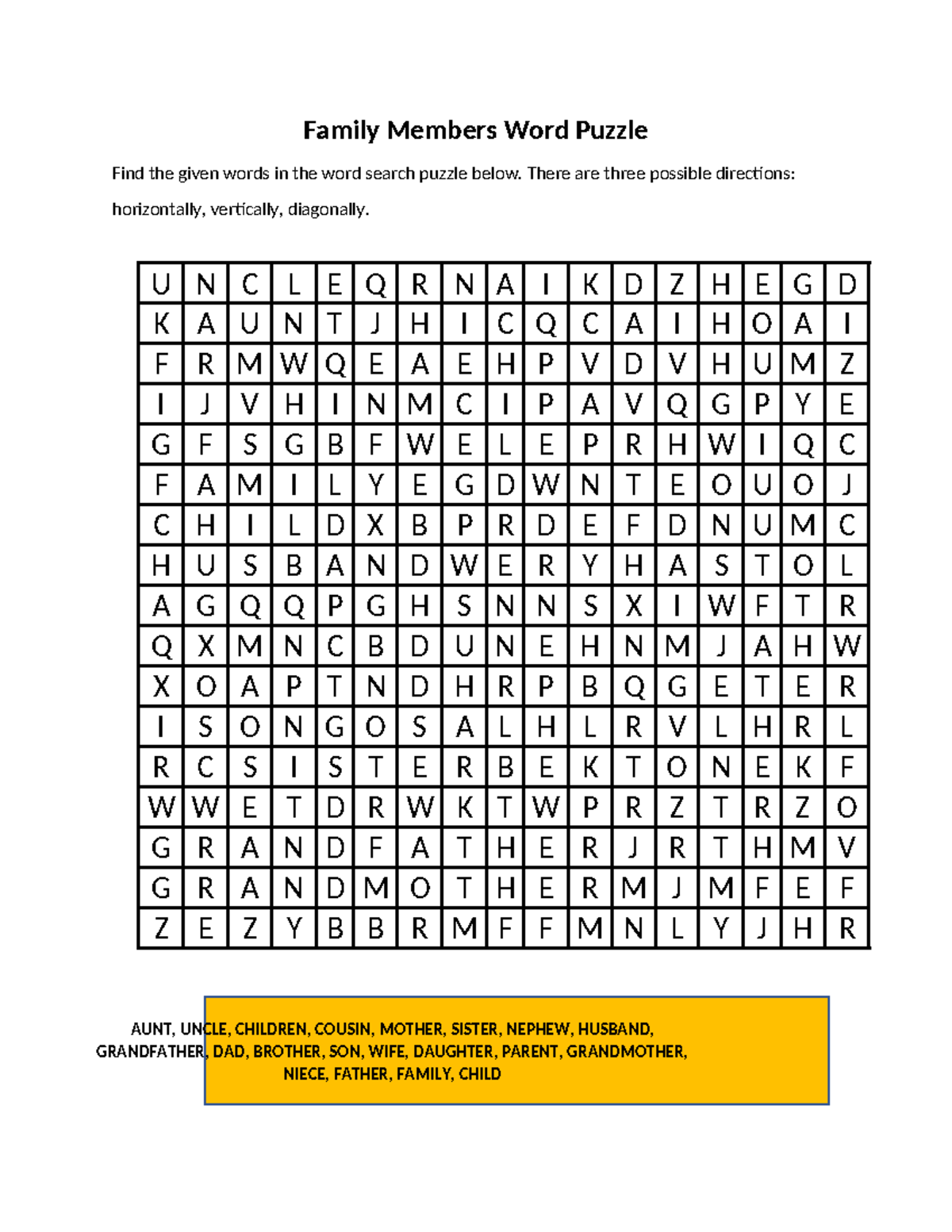 Family members word puzzle - Family Members Word Puzzle Find the given ...