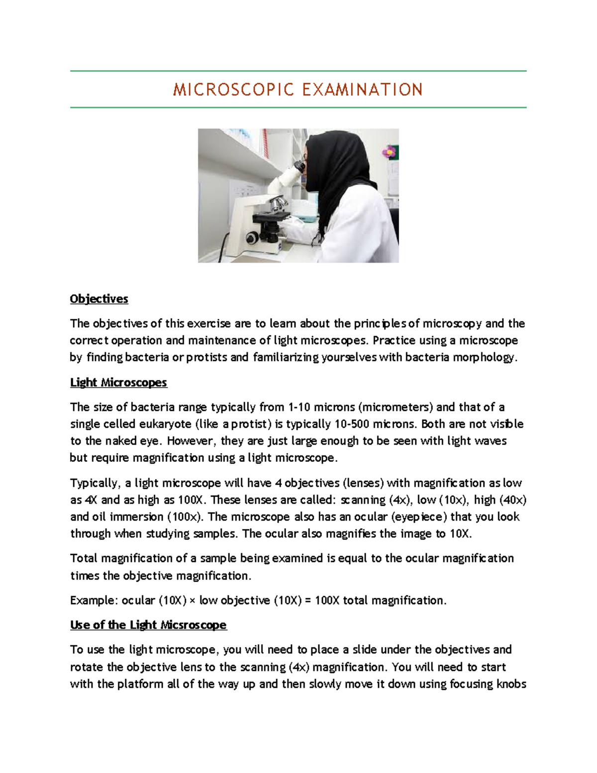 3. Microscopic Examinations - MICROSCOPIC EXAMINATION Objectives The ...