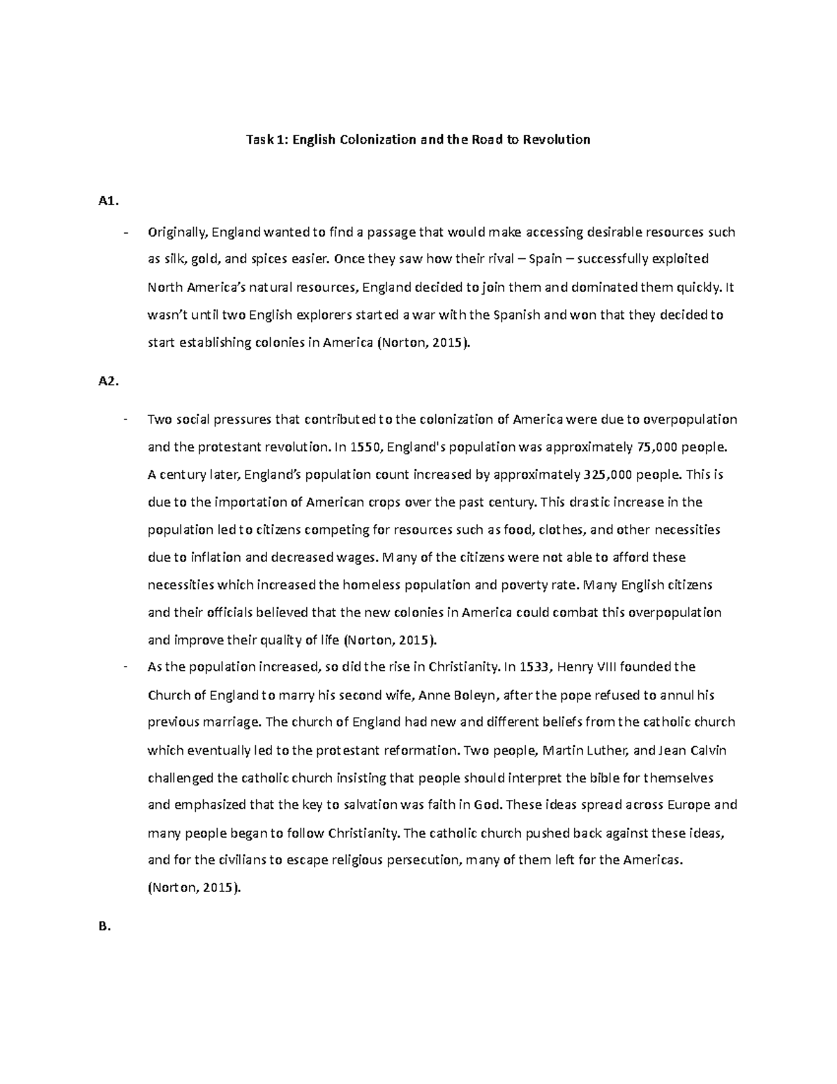 Task 1 - C121 - Task 1: English Colonization and the Road to Revolution ...