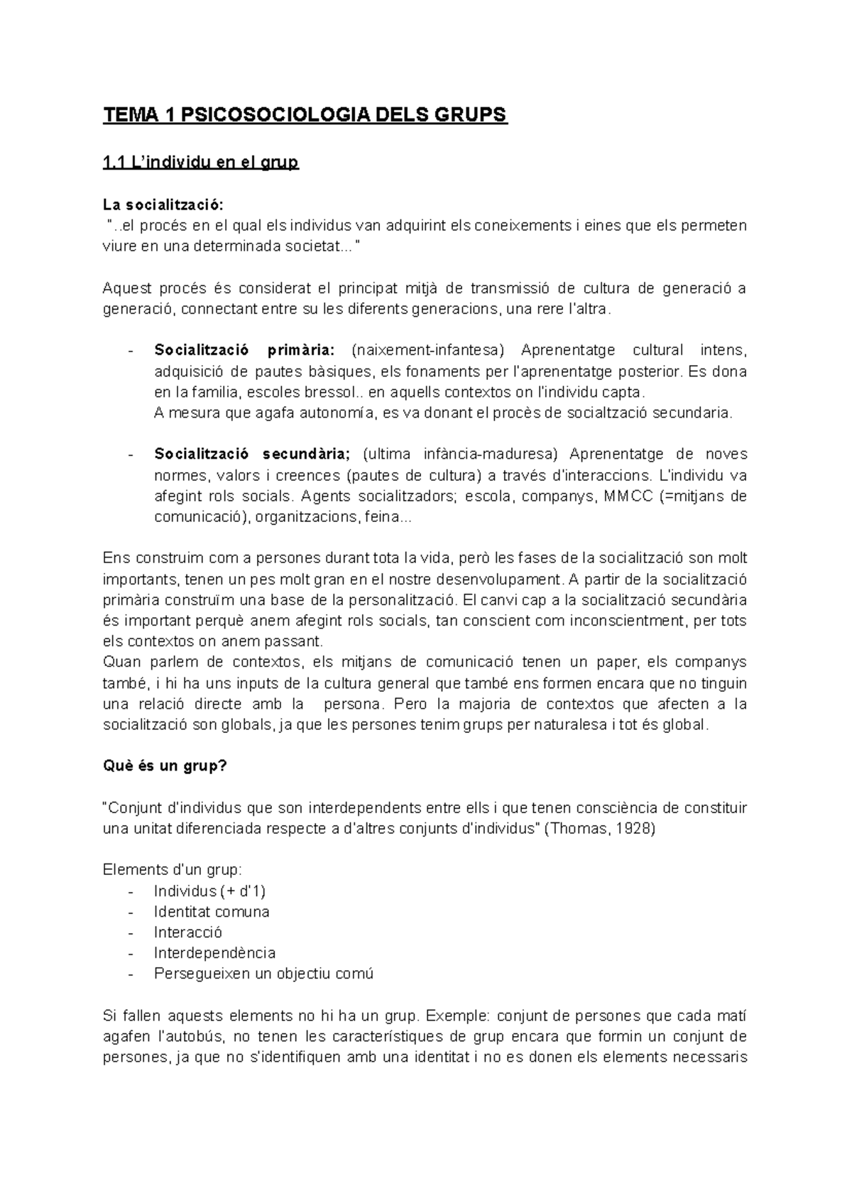 Apunts Treball Social Grupal Berta - TEMA 1 PSICOSOCIOLOGIA DELS GRUPS 1 L’individu en el grup ...