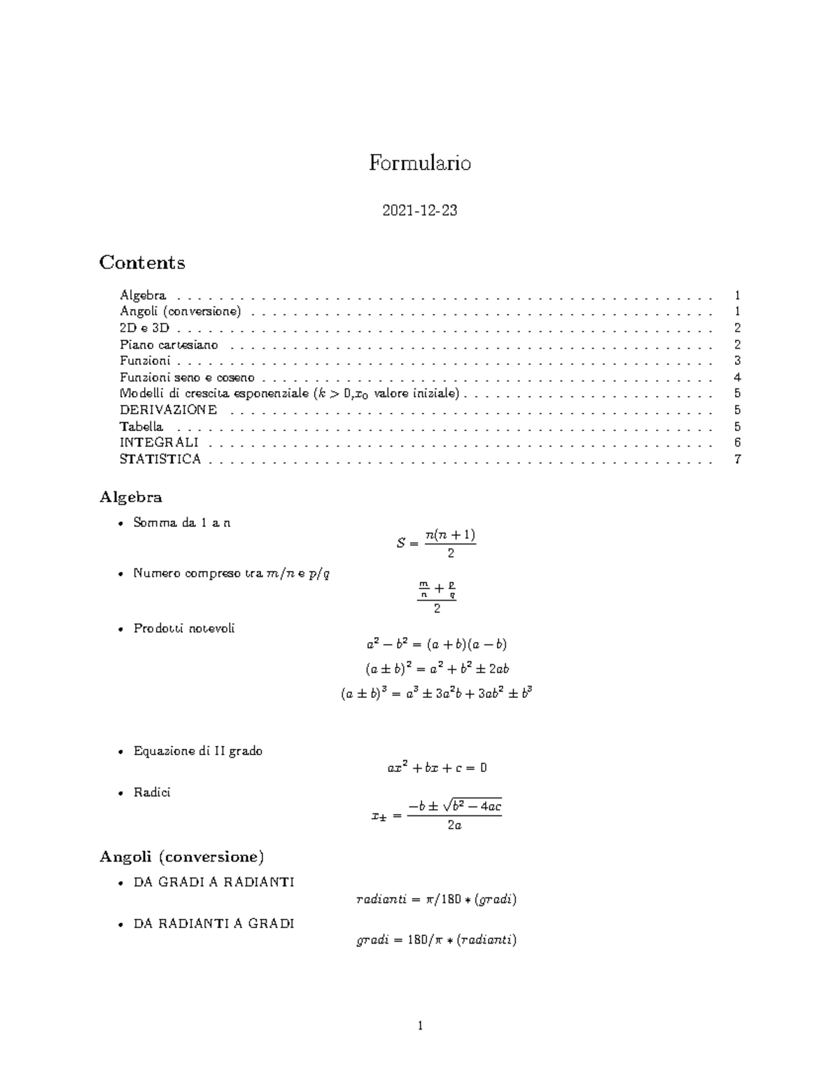 Formulario di Matematica per esame - Formulario 2021-12- Contents - Studocu