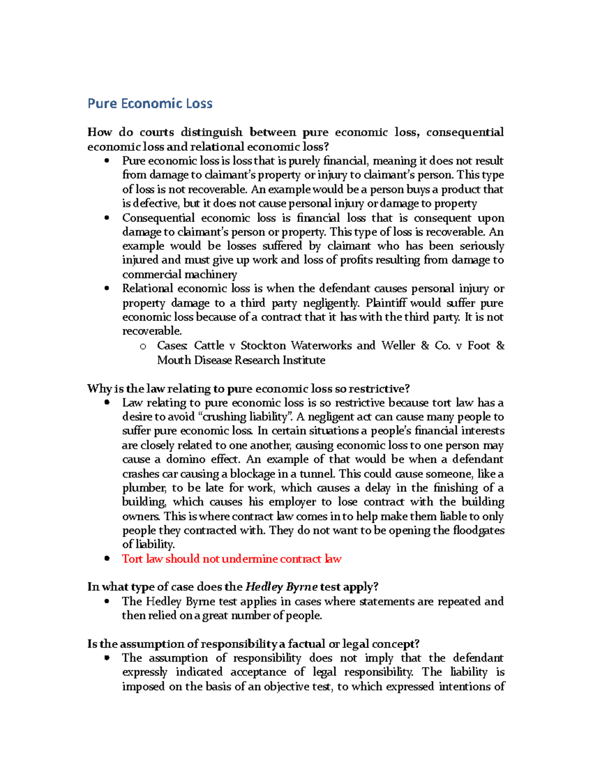 Tutorial 2 - Pure Economic Loss How do courts distinguish between pure ...