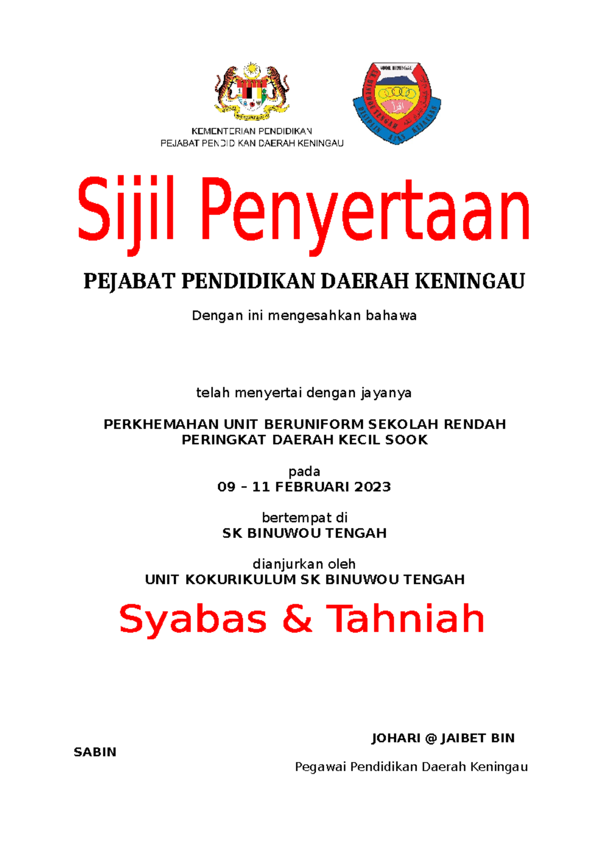 Layout Sijil Perkhemahan - Bachelor of Teaching (primary Education ...