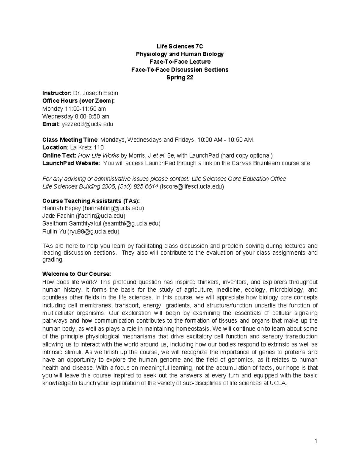 LS 7C Syllabus S22 - Spring 2022 - Life Sciences 7C Physiology and ...