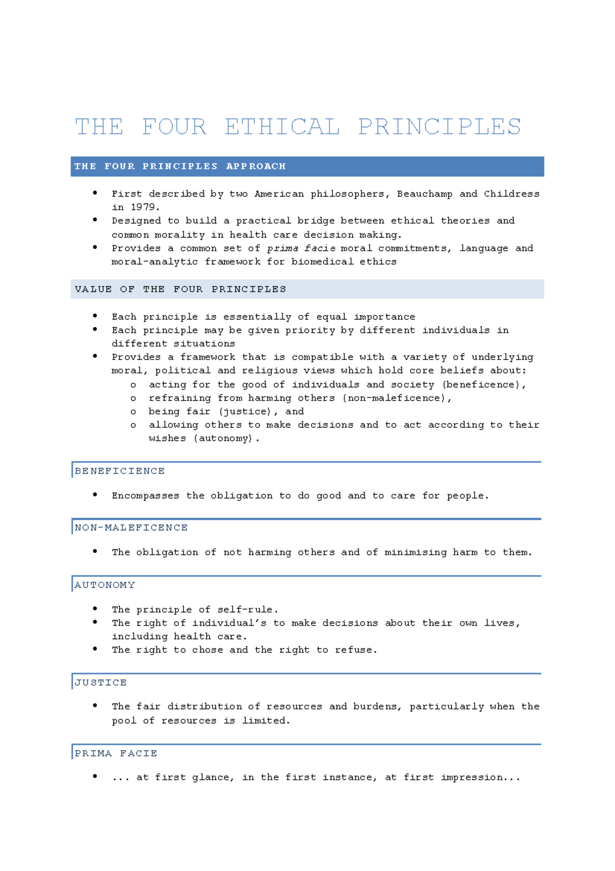 Lecture notes, lecture Autonomy - THE FOUR ETHICAL PRINCIPLES THE FOUR ...
