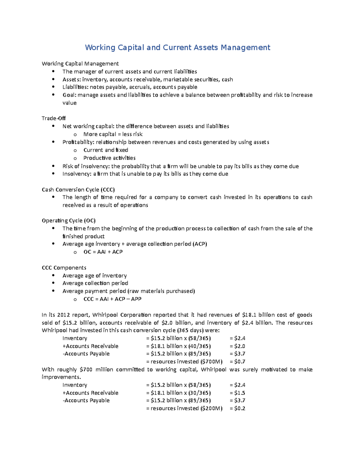 Working Capital and Current Assets Management - The resources Whirlpool ...