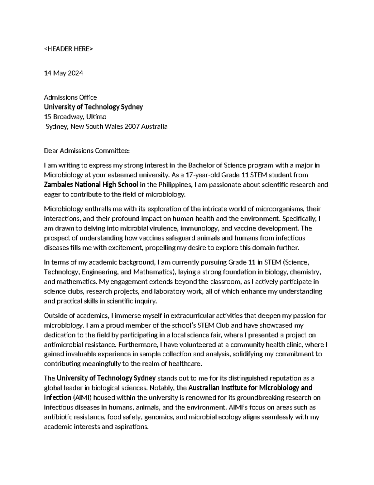 College Application Letter - 14 May 2024 Admissions Office University ...