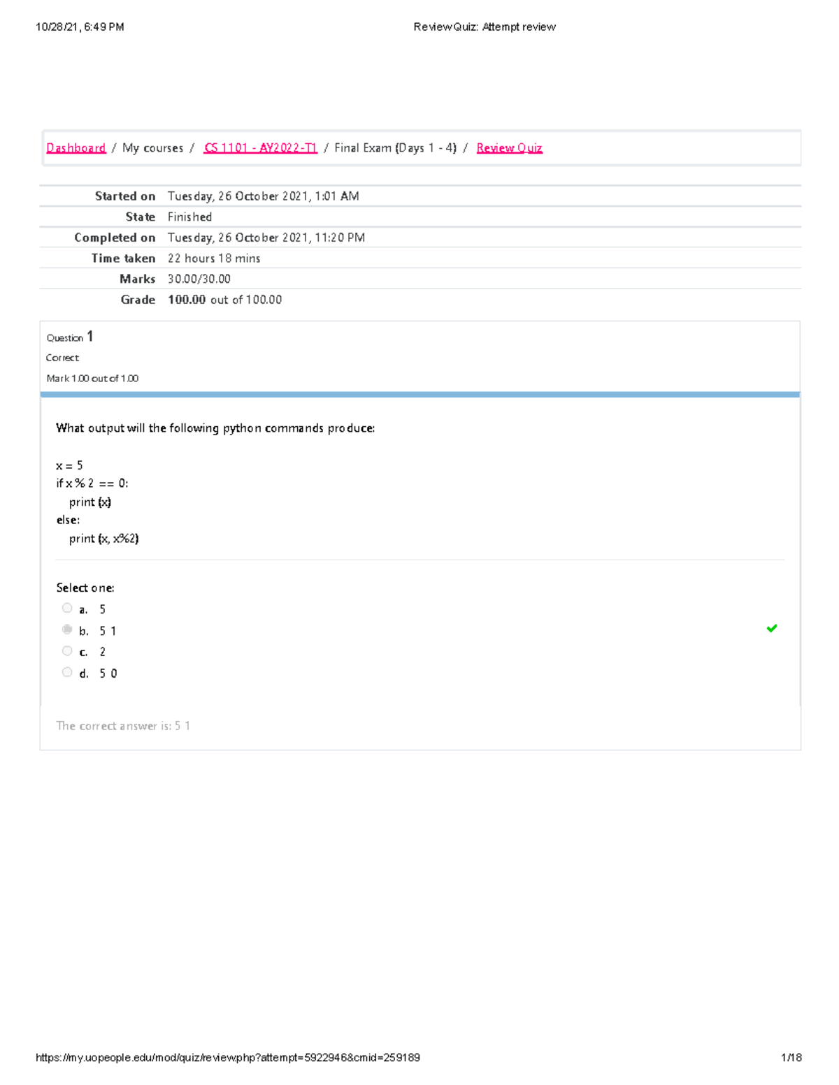 Review Quiz Attempt 1 for Final Exam CS1101 - CS 1101 - UoPeople - Studocu