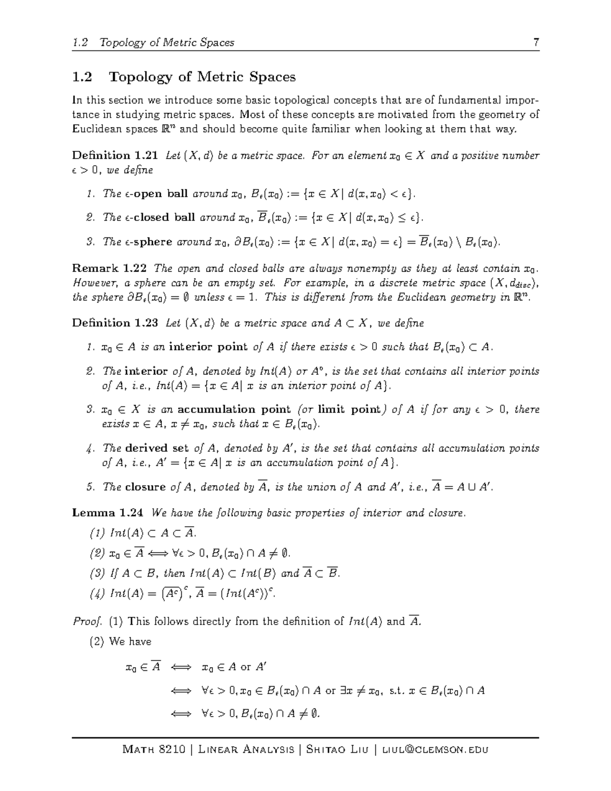 Section 1 2 Math8210 Lecture Notes 1 Topology Of Metric Spaces In This Section We Introduce