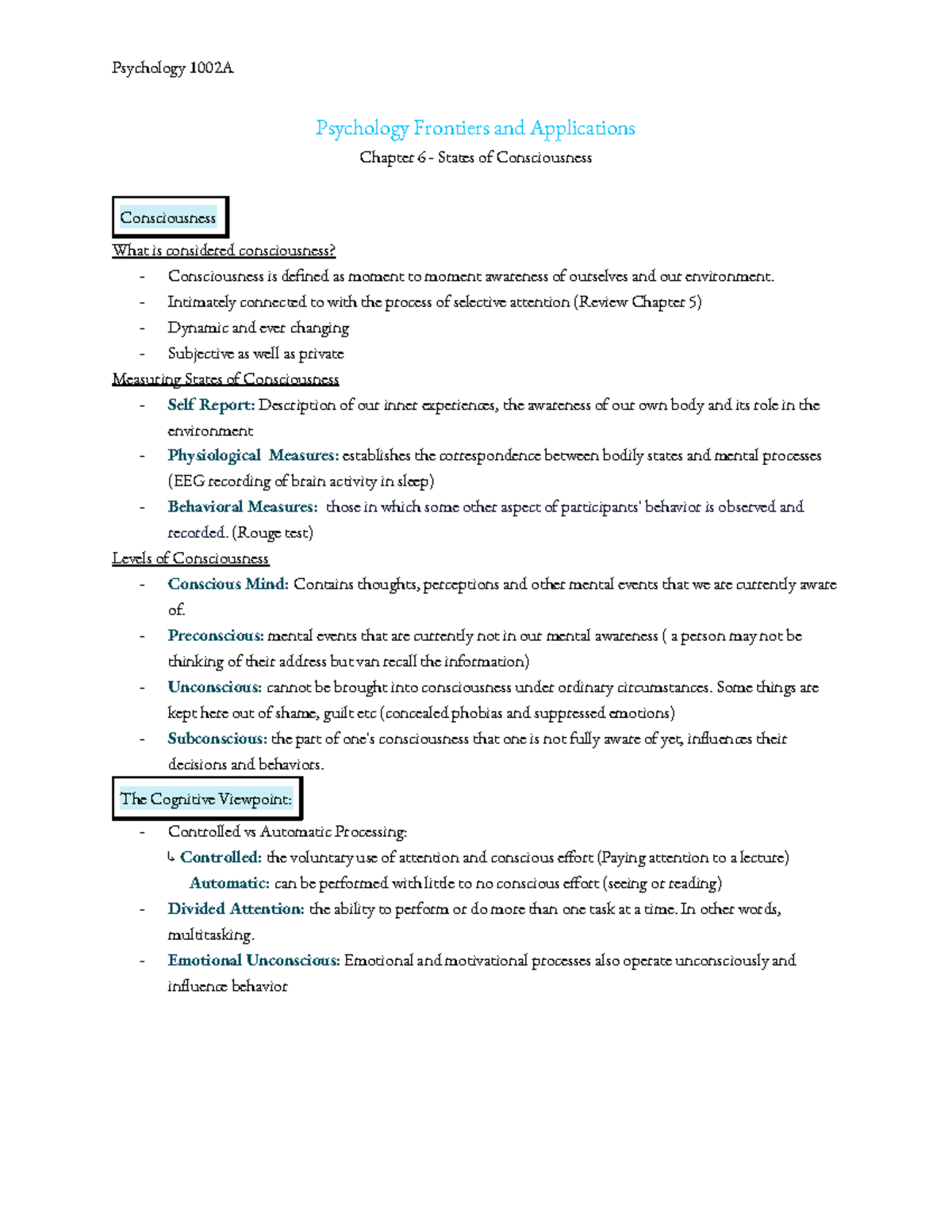 Psychology Chapter 6 Notes - Consciousness - Psychology 1002A ...