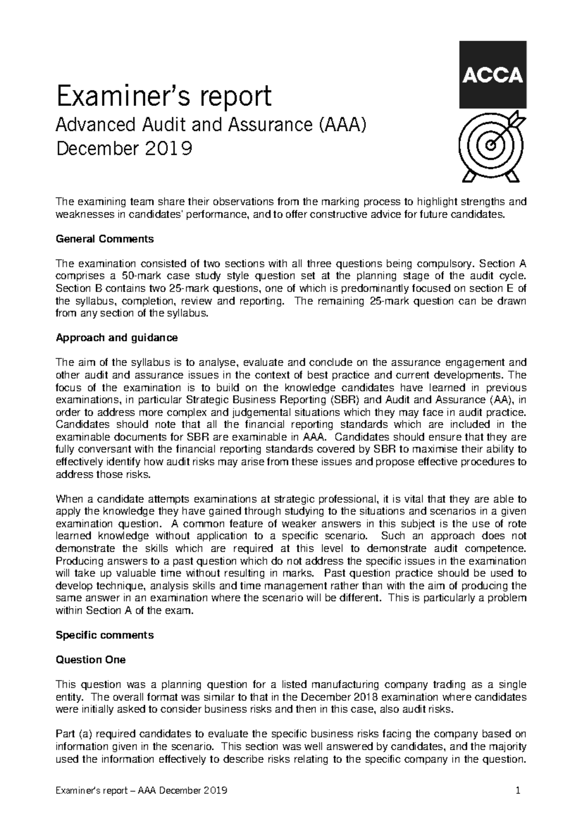 3. Examiner report - Examiner’s report Advanced Audit and Assurance ...