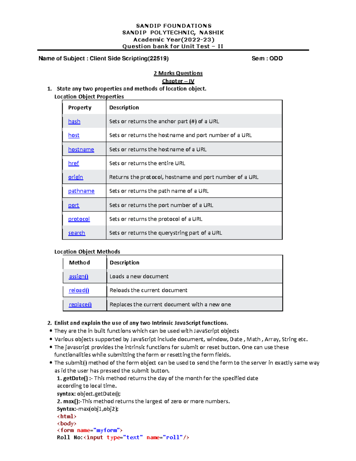 Short QB CSS-II 22-23 Solved - SANDIP FOUNDATIONS SANDIP POLYTECHNIC, NASHIK Academic Year(2022 ...