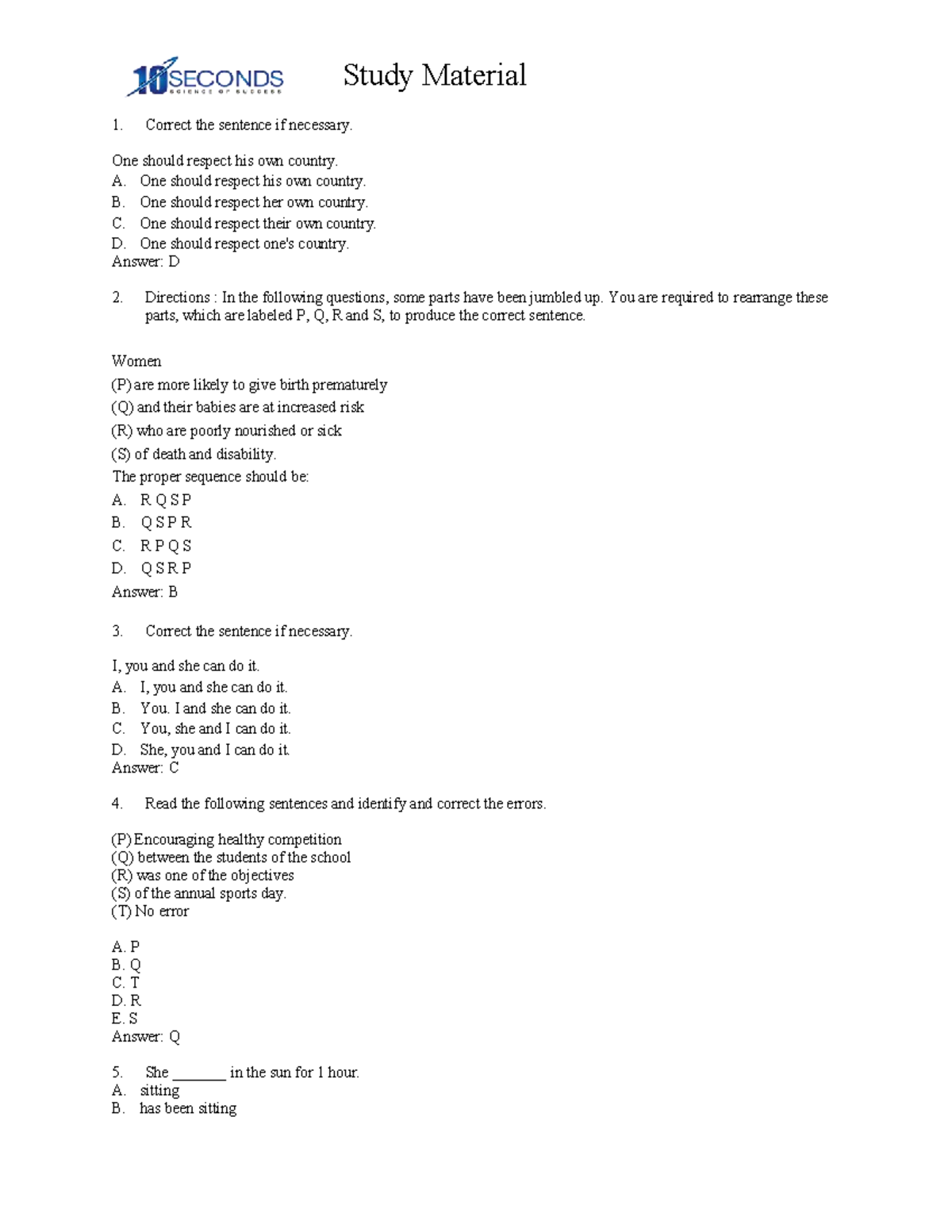 Test Material - English notes for tests - 1. Correct the sentence if ...