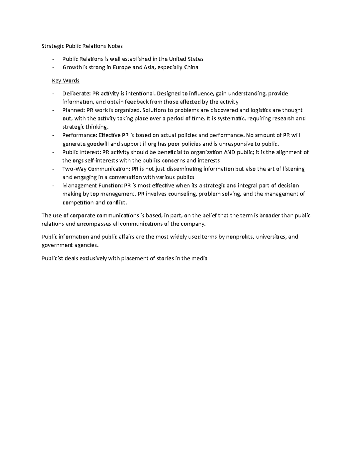 PR NOtes - Strategic Public Relations Notes Public Relations is well ...