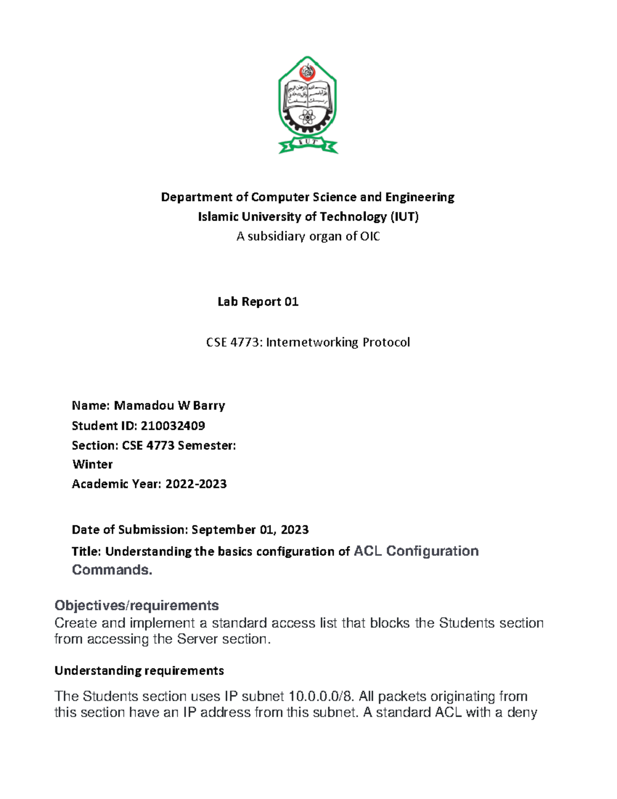 210032409 ACL Protocol LAB Report - Department of Computer Science and Engineering Islamic - Studocu