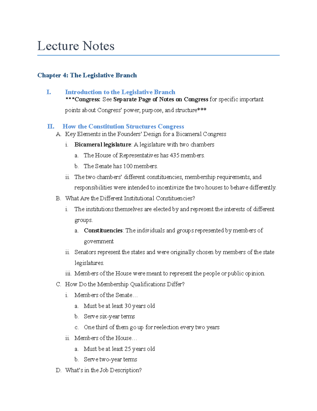 Chapter 04 Lecture Notes - Lecture Notes Chapter 4: The Legislative ...