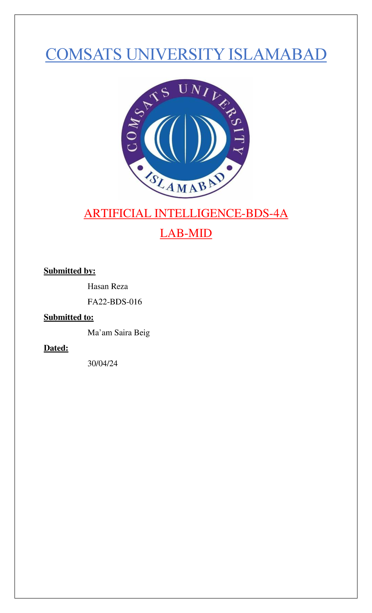 Lab-Mid - Lab Mid Solved - COMSATS UNIVERSITY ISLAMABAD ARTIFICIAL INTELLIGENCE-BDS-4A LAB-MID ...