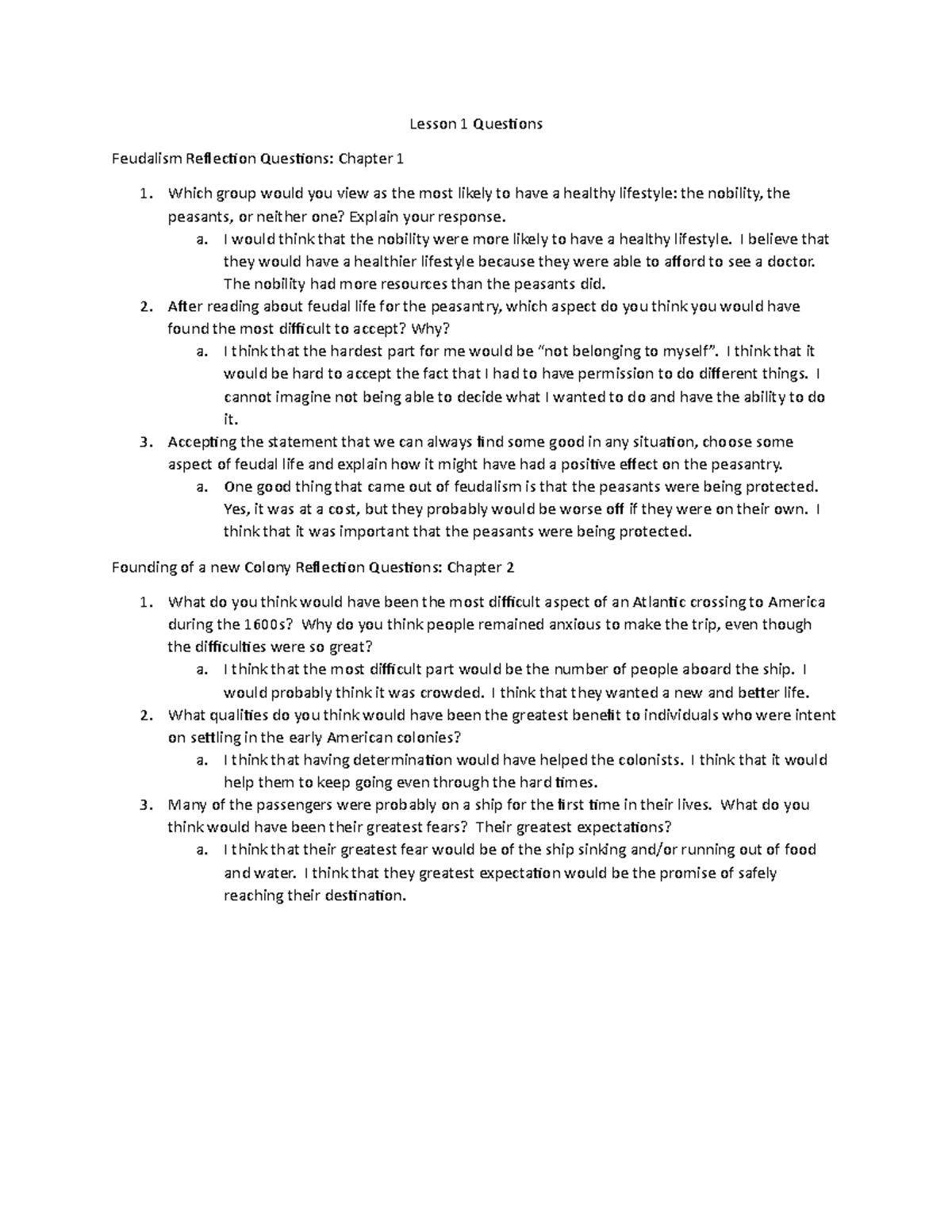 Lesson 1 Questions - Lesson 1 Questions Feudalism Reflection Questions ...