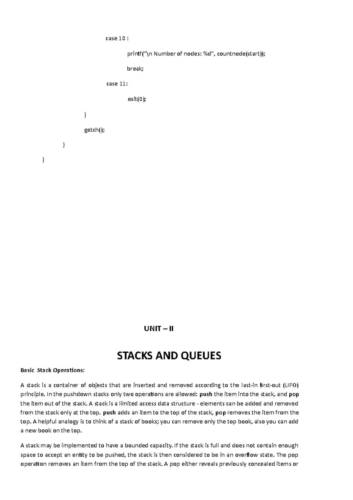 Data Structures U2 - case 10 : printf("\n Number of nodes: %d", countnode(start)); break; - Studocu