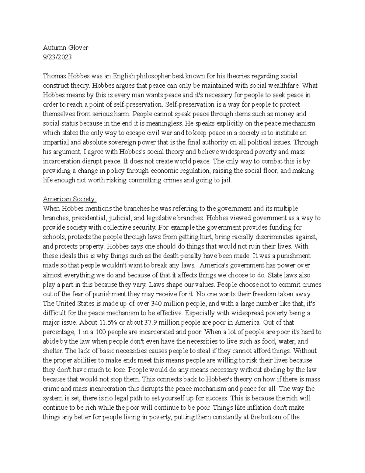 Hobbes and Rousseau Essay (10 3) - Autumn Glover 9/23/ Thomas Hobbes ...