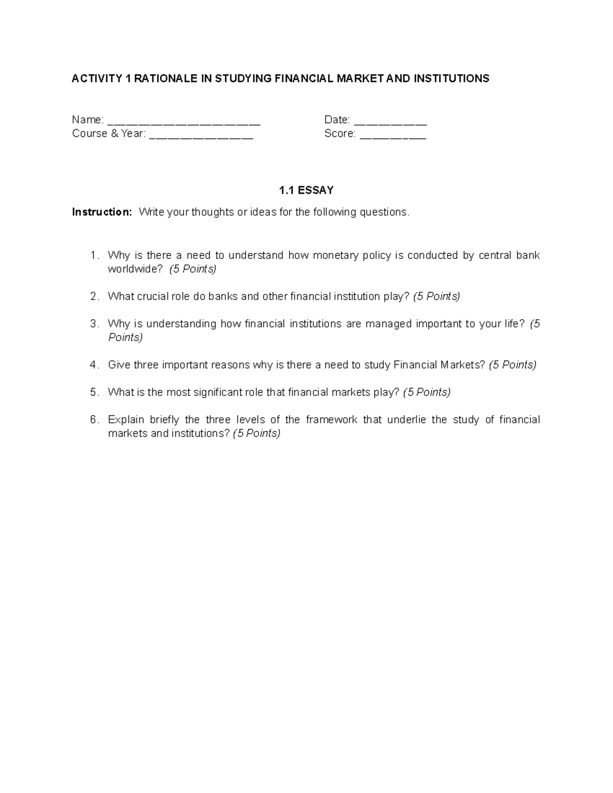 Activity 1 Rationale IN Studting Financial Market AND Institutions ...