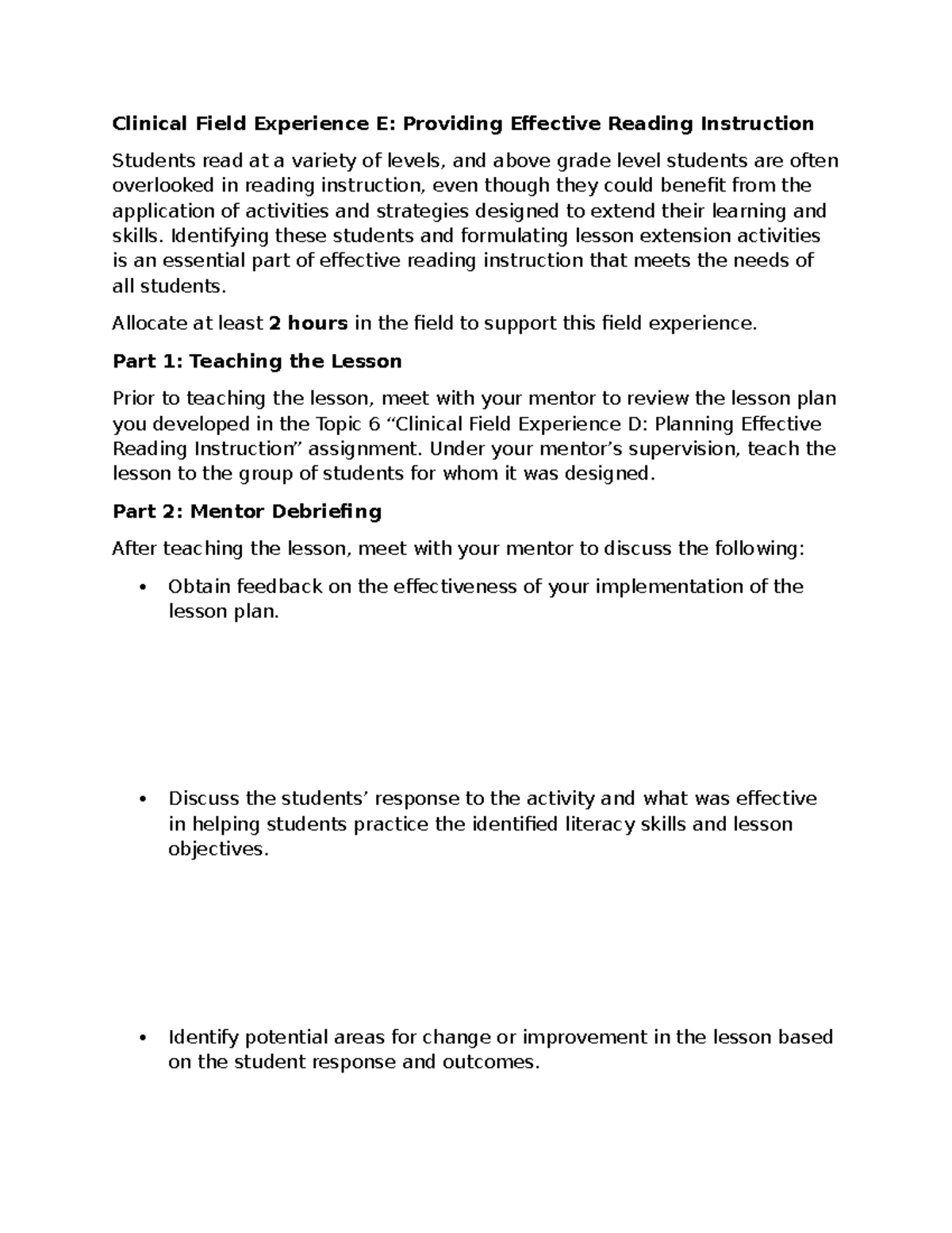 Clinical Field Experience E Providing Effective Reading Instruction ...