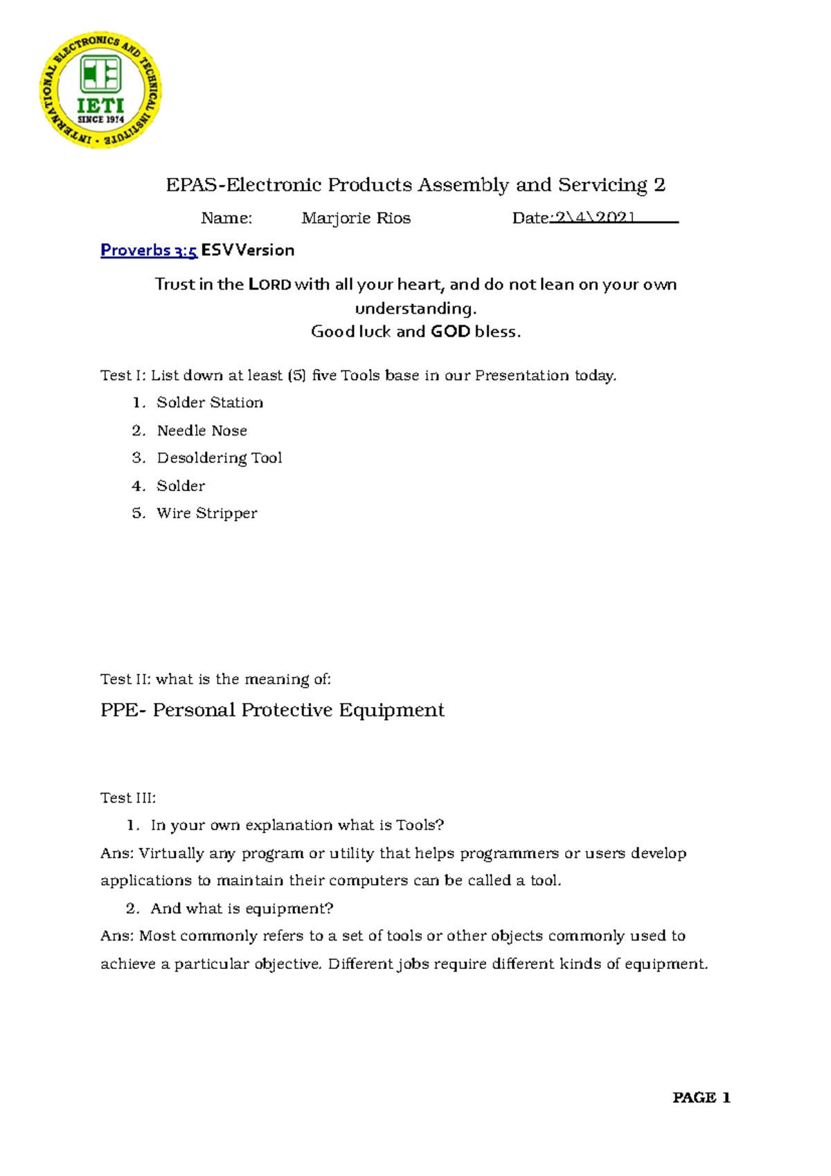 Epas Quiz For Tools And Equipment Epas Electronic Products Assembly And Servicing 2 Name