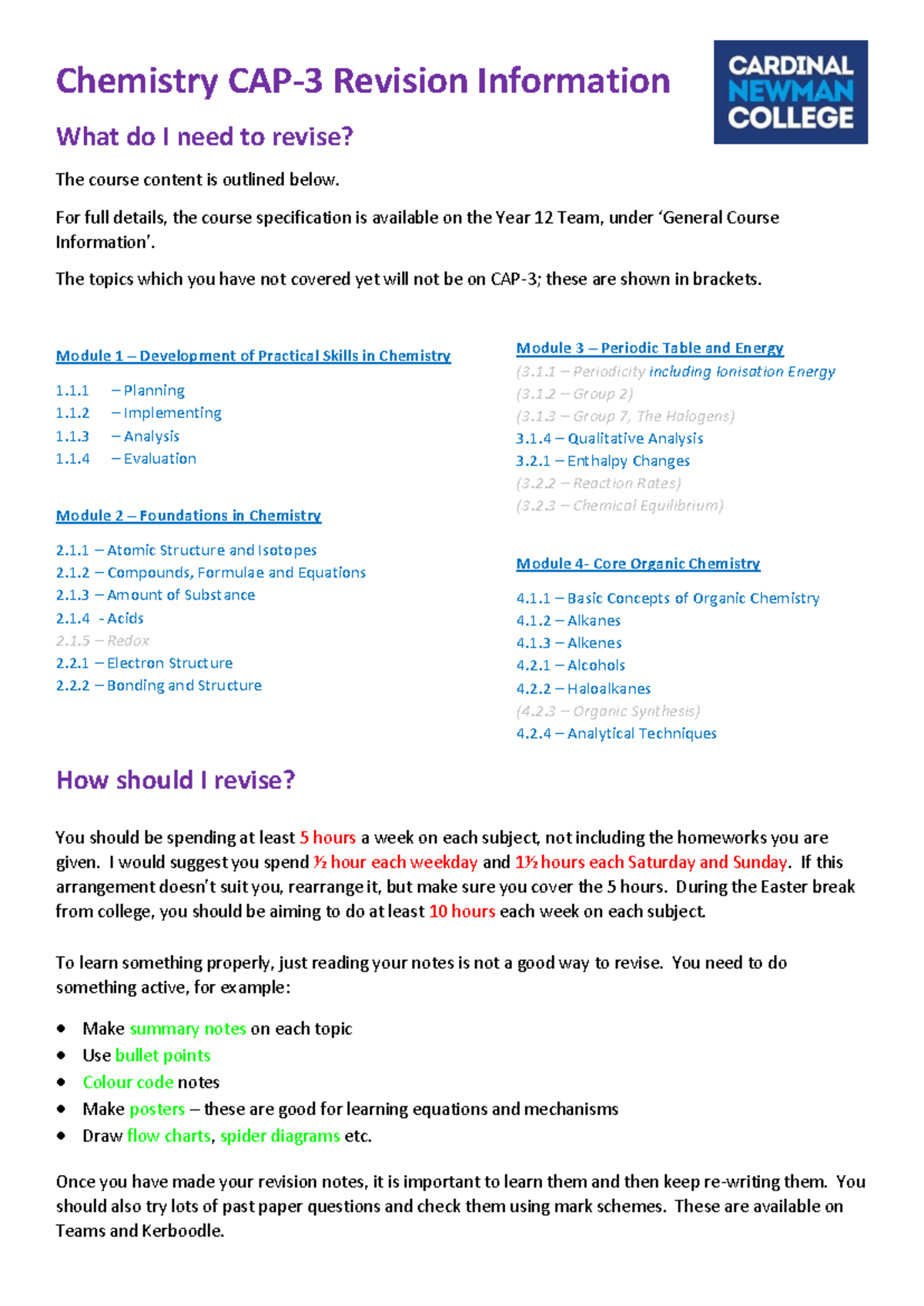 CAP-3 Revision timetable 2024 v2 - Chemistry CAP- 3 Revision ...