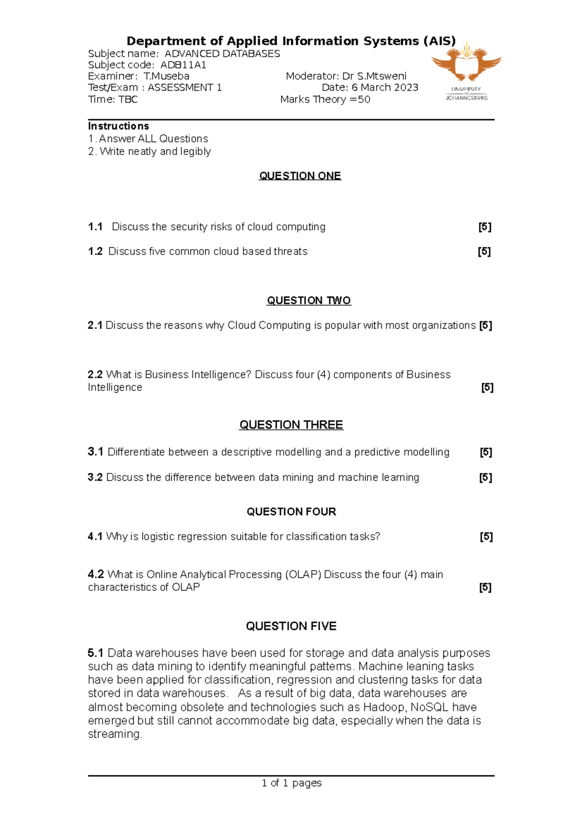 ADB11A1TEST1YEAR2023 - Department of Applied Information Systems (AIS ...