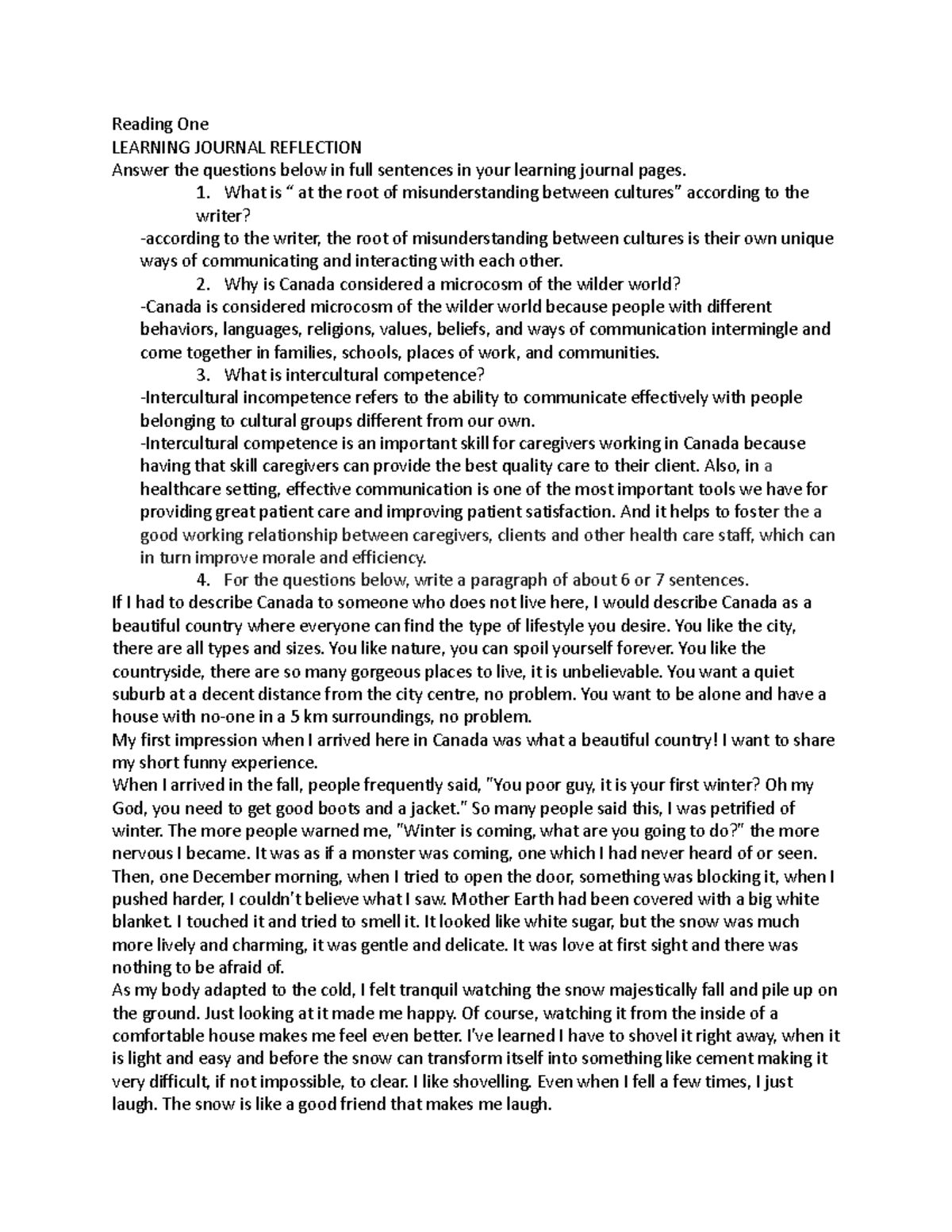 Reading One-Reflection - Reading One LEARNING JOURNAL REFLECTION Answer ...
